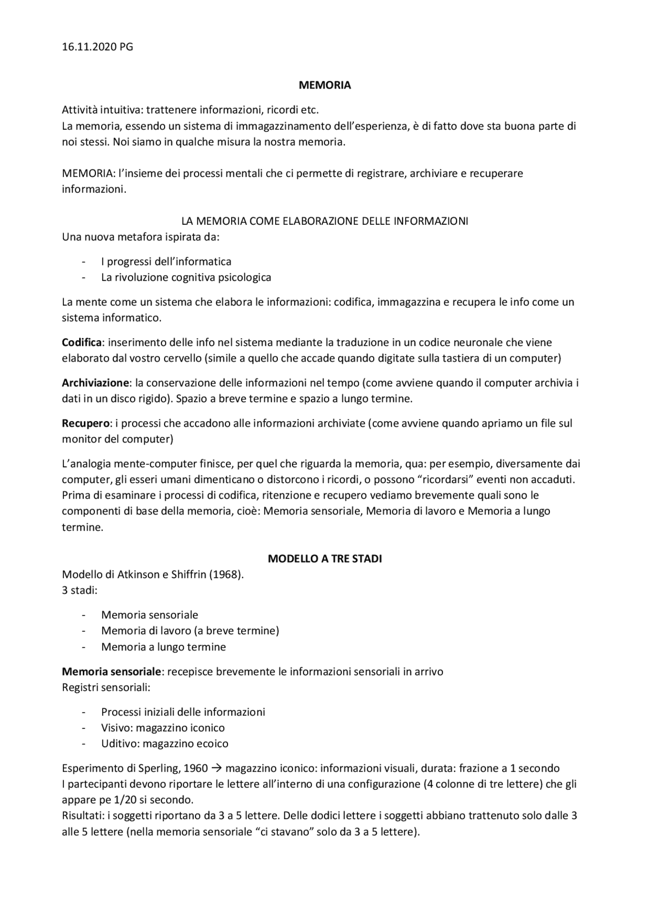 Appunti Argomento Memoria Docsity