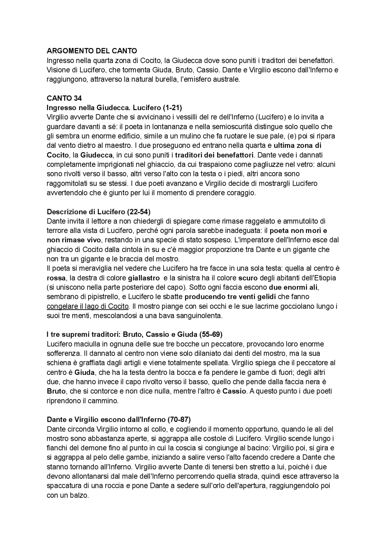 Inferno: canto 34 (riassunto) - Docsity