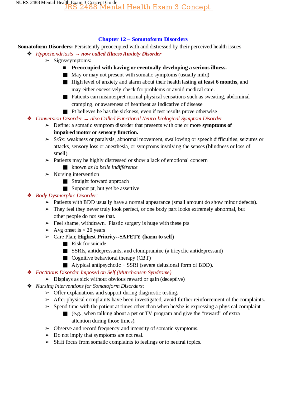 NURS 2488 Mental Health Exam 3 Concept Guide | Exams Nursing | Docsity