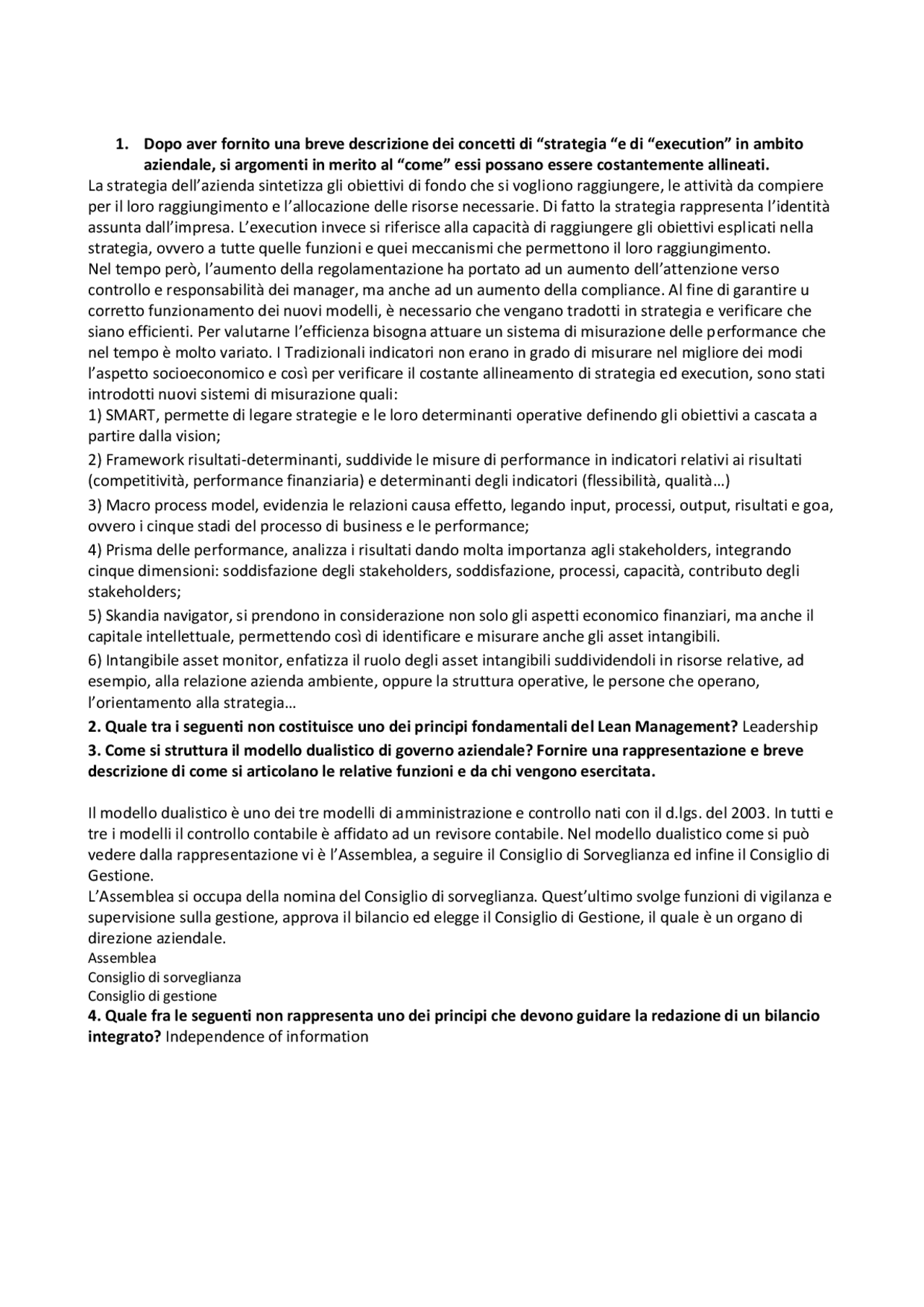 DOMANDE E RISPOSTE ESAME MANAGEMENT E GOVERNANCE VOTO 30 ASSICURATO | Prove d'esame di Corporate ...