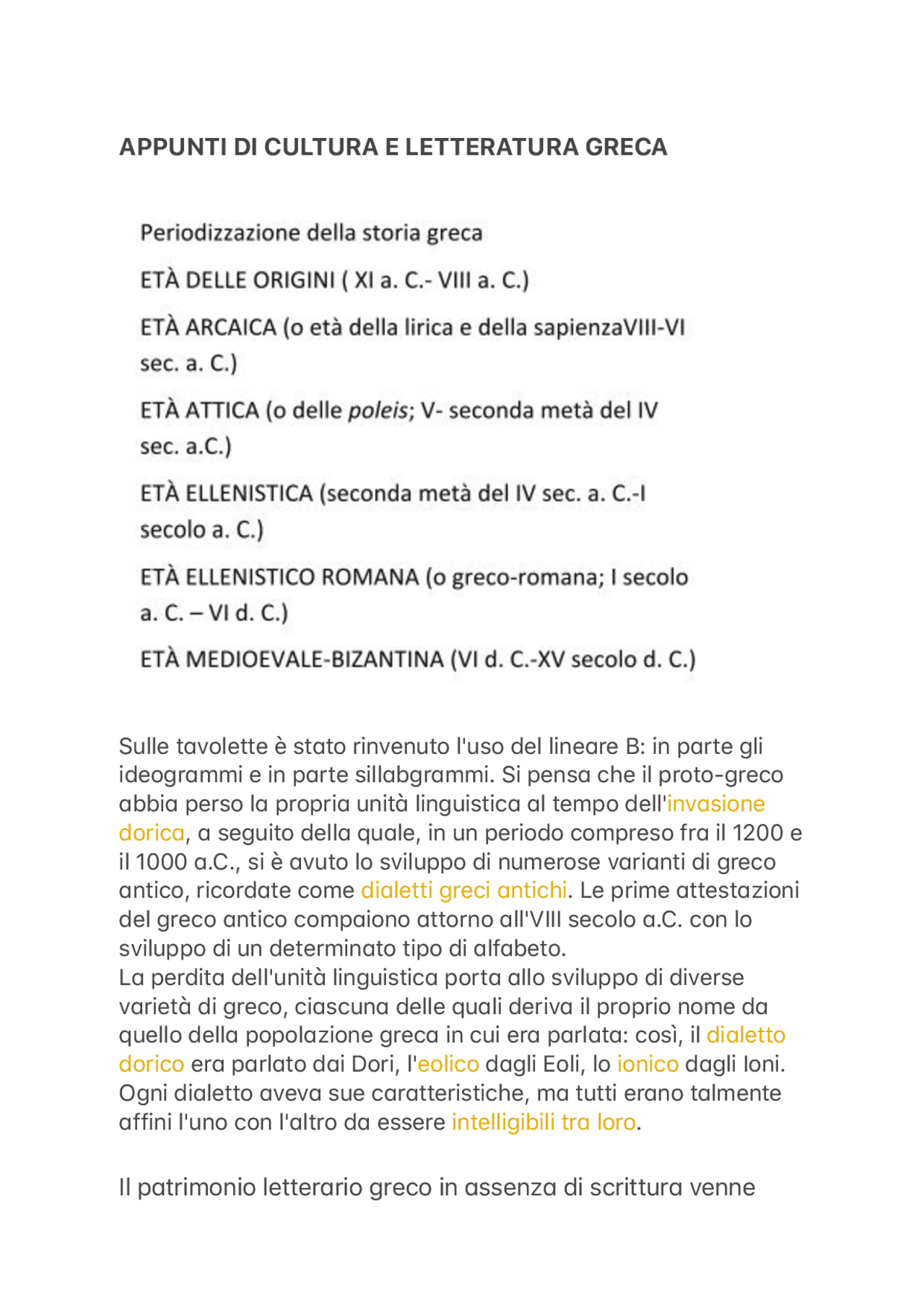 Appunti cultura e letteratura greca - Docsity