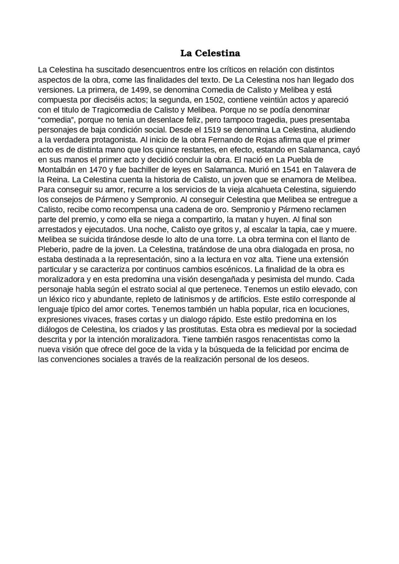 La Celestina Docsity