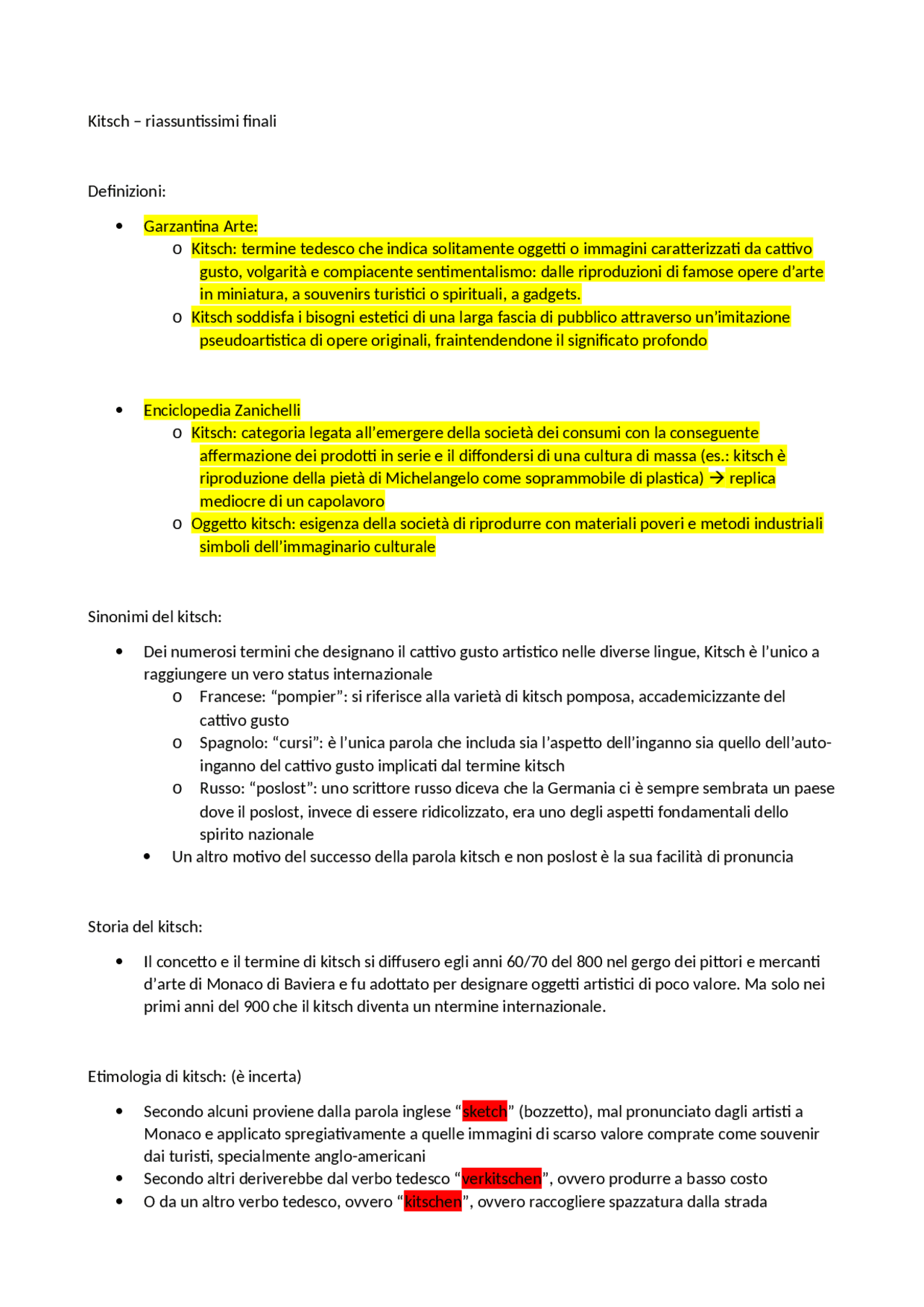 Riassunti Concisi Del Libro Kitsch Docsity