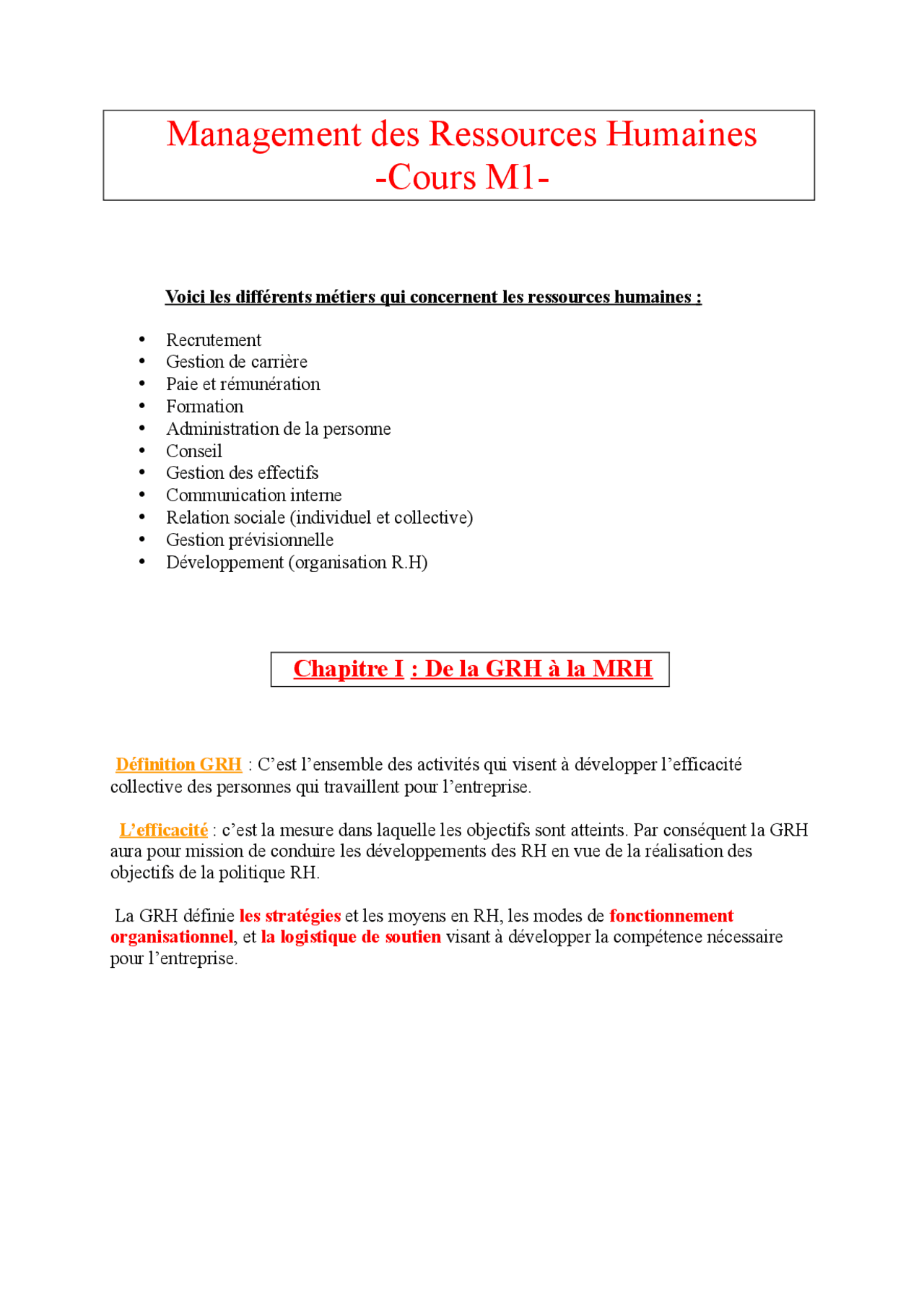 Management des Ressources Humaines - Resumé des notes - Docsity