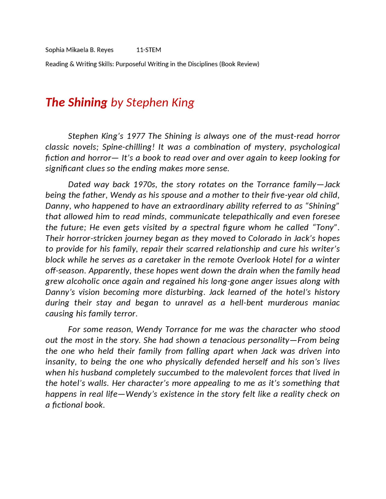 The Shining Book Report Docsity