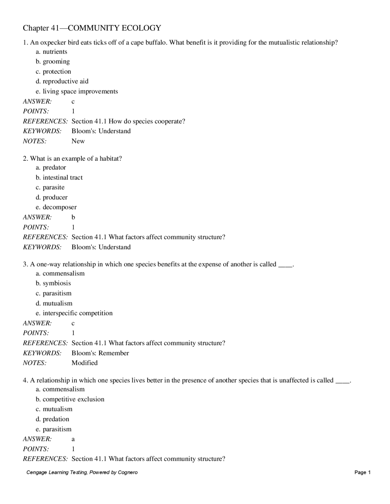 Community Ecology Testbank Docsity