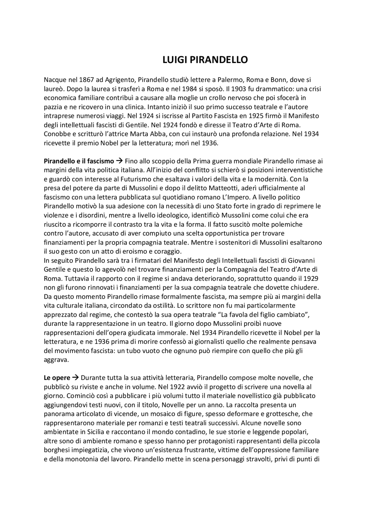 Luigi Pirandello Riassunto Docsity