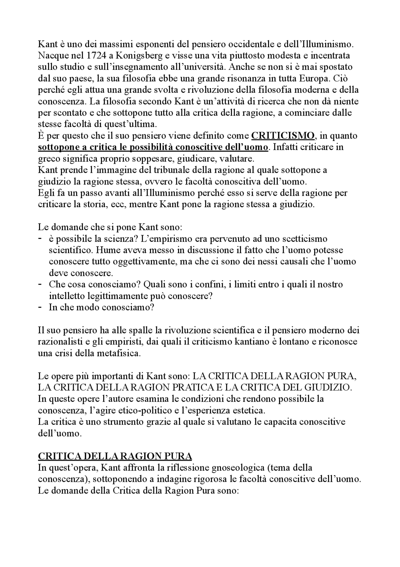 Kant Criticismo Critica Ragion Pura E Critica Ragion Pratica Docsity