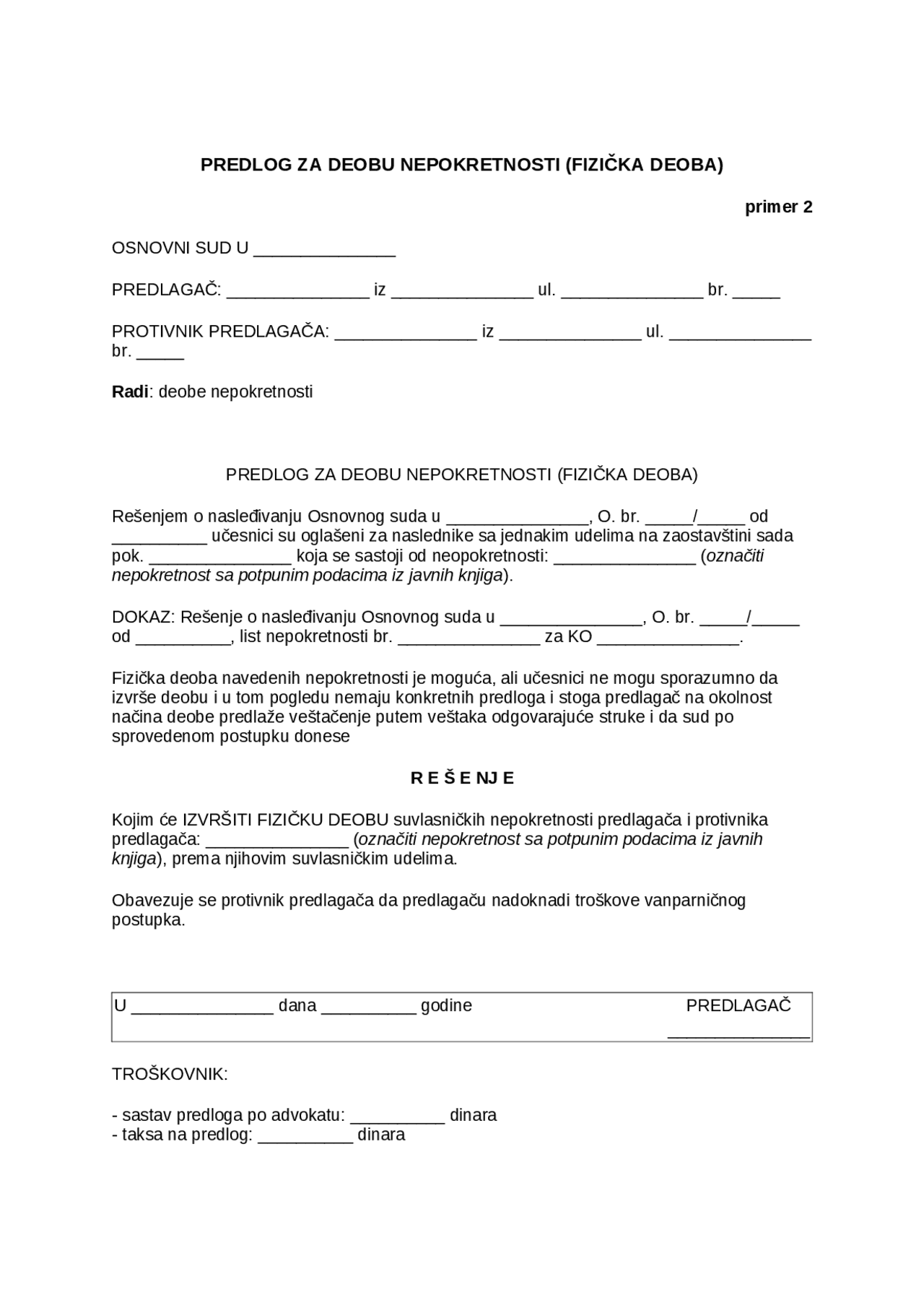 Predlog za fizičku deobu stvari 2 | Formulari' predlog Građansko pravo - Docsity