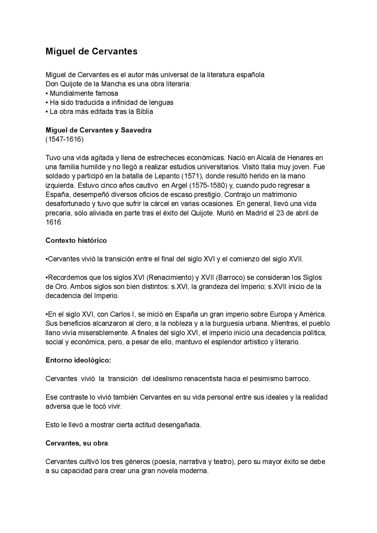 Miguel de Cervantes y Don Quijote - Docsity
