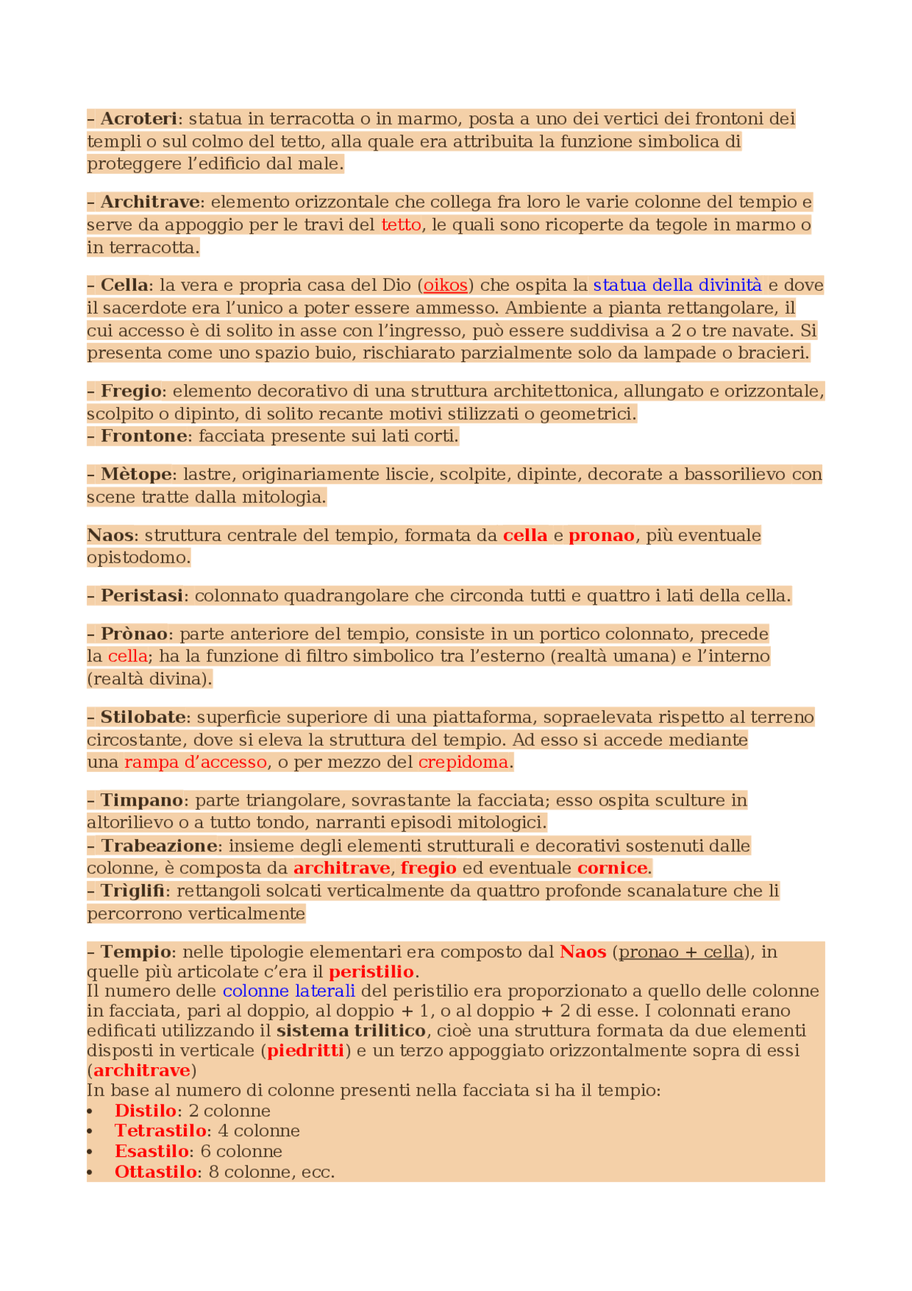 Vocabolario tempio greco - Docsity