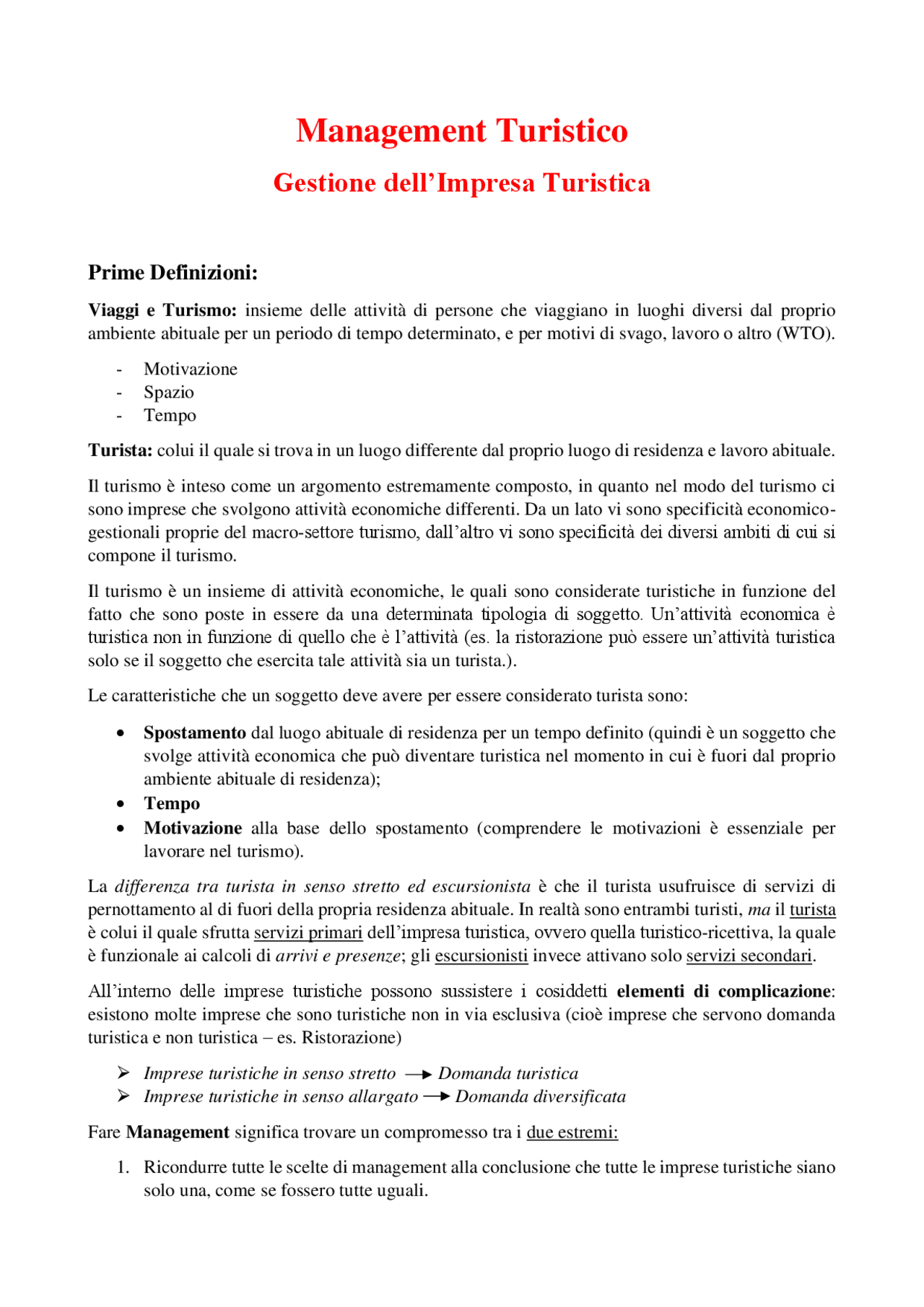 Riassunti Management Turistico Docsity