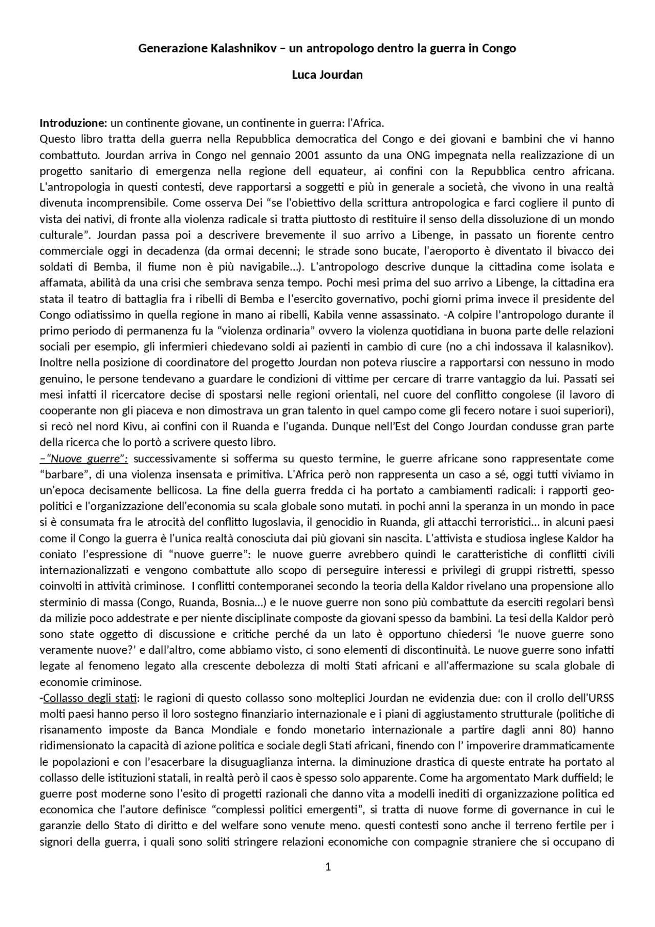 Riassunto Generazione Kalashnikov Jourdan Docsity