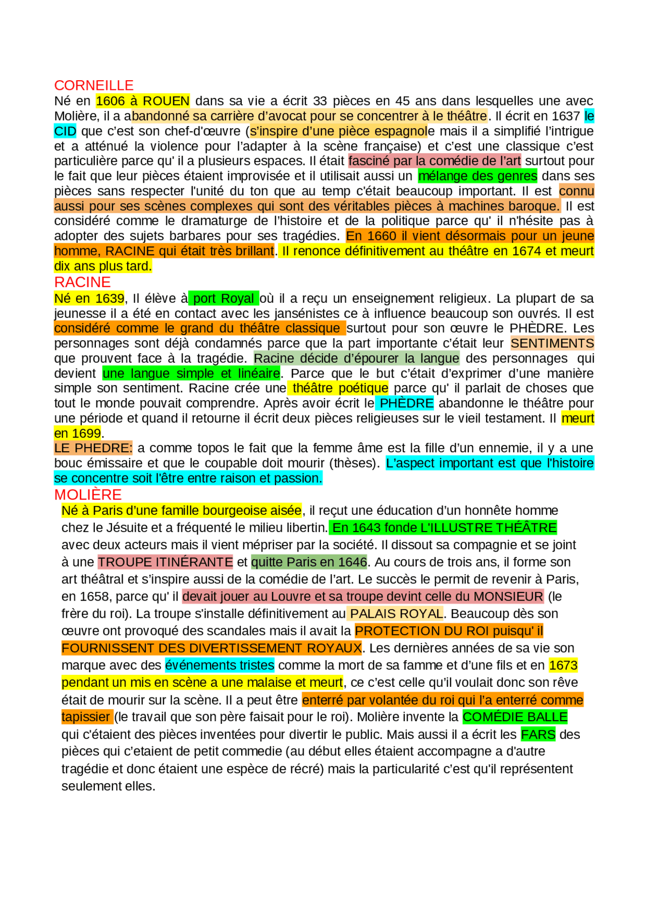 Corneille Racine Molière Appunti Di Francese Docsity