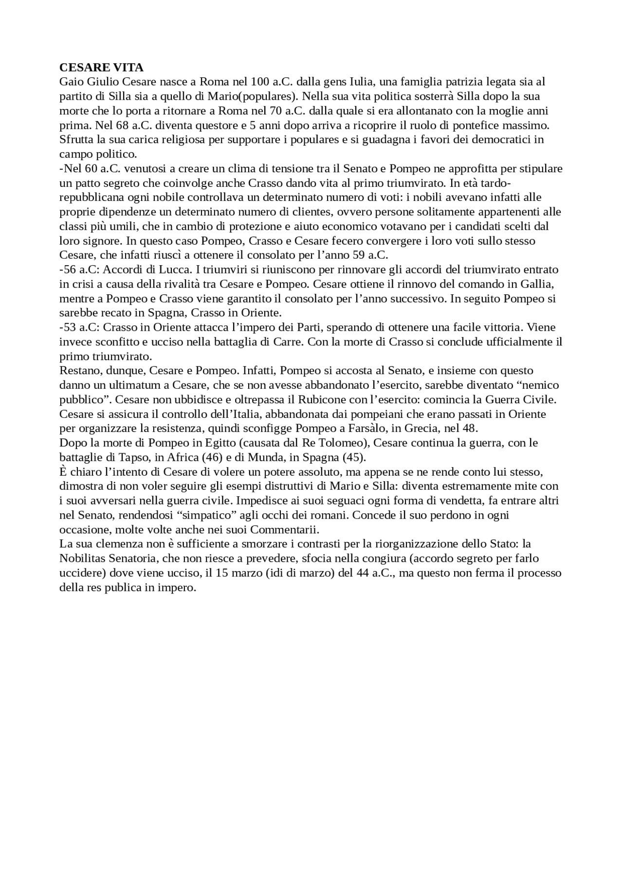 Riassunto Vita E Opere Cesare Docsity