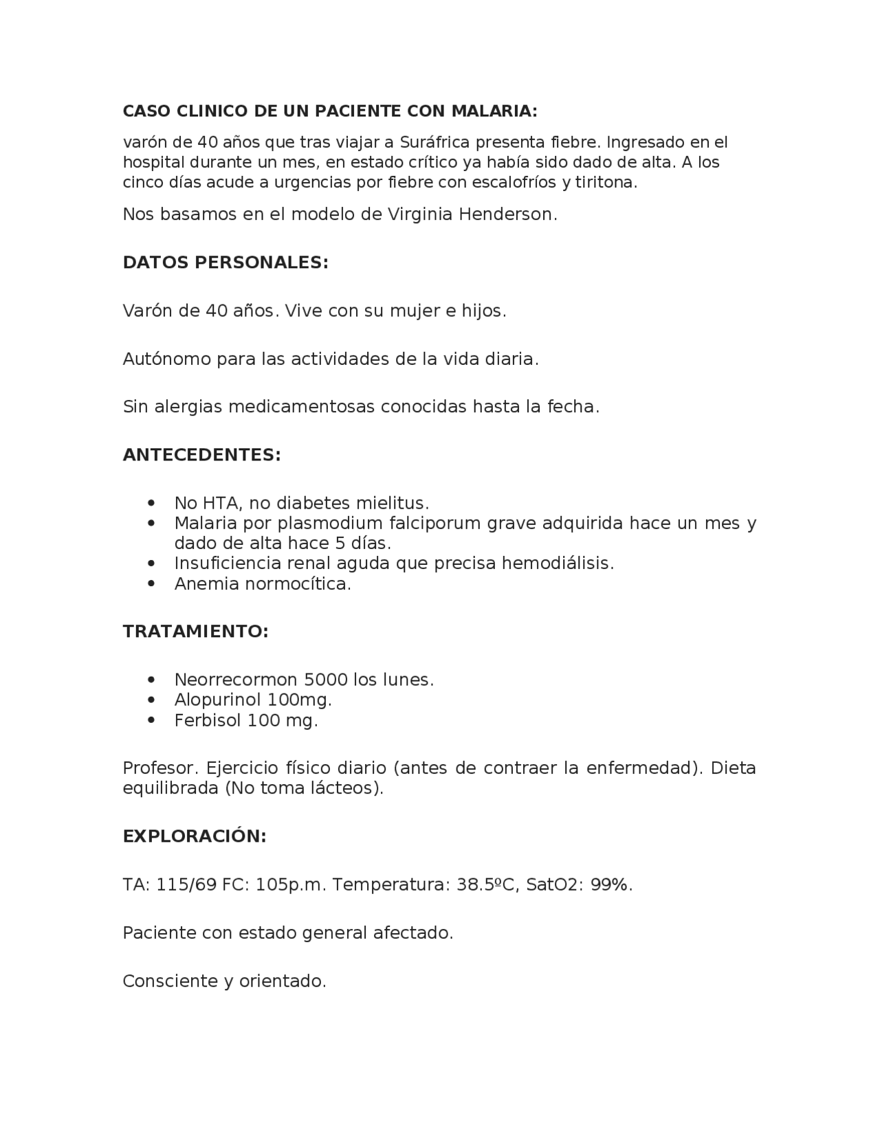 Caso Clínico Sobre Malaria Con Valoración Y Diagnósticos Docsity