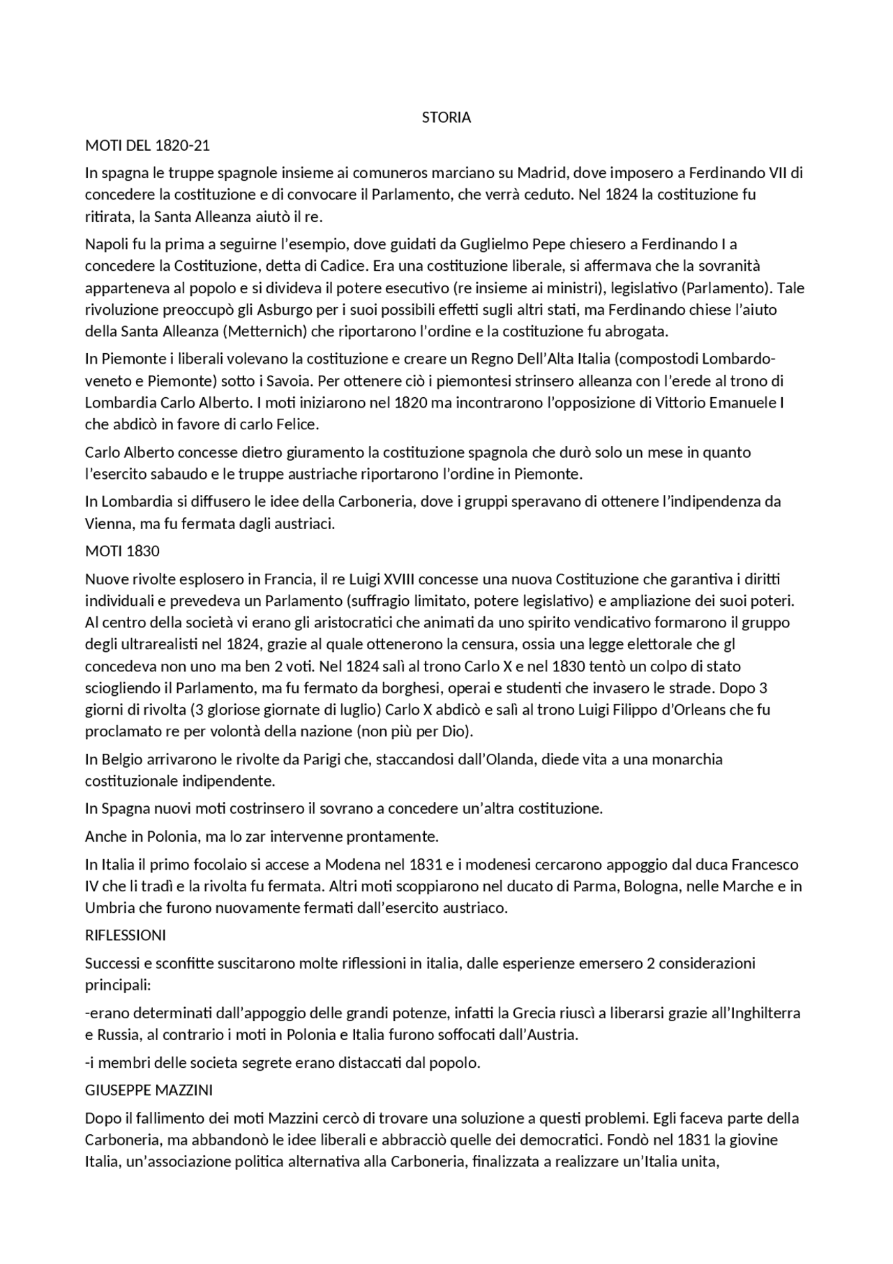 Ripasso Storia Dai Moti Docsity
