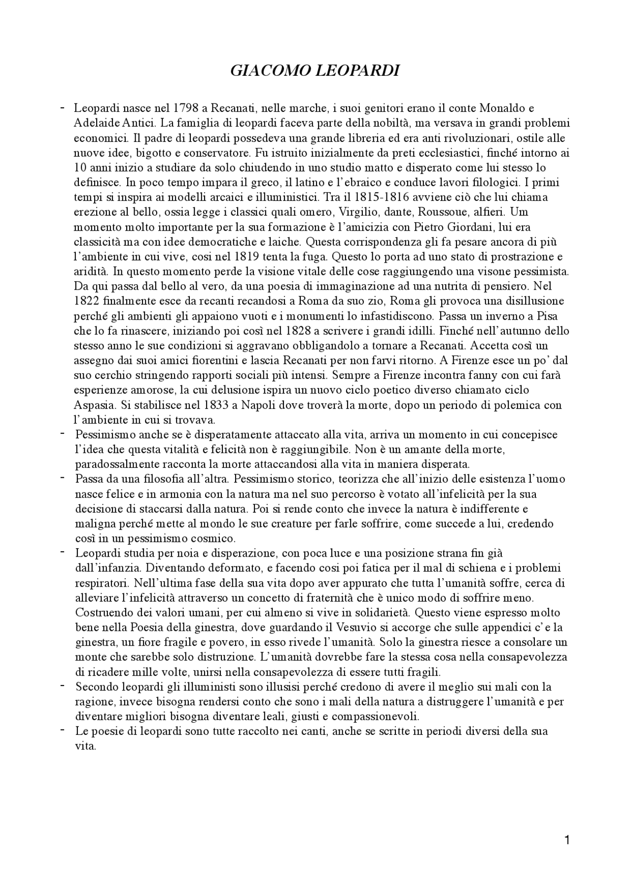 Giacomo Leopardi, biografia opere e analisi testi - Docsity
