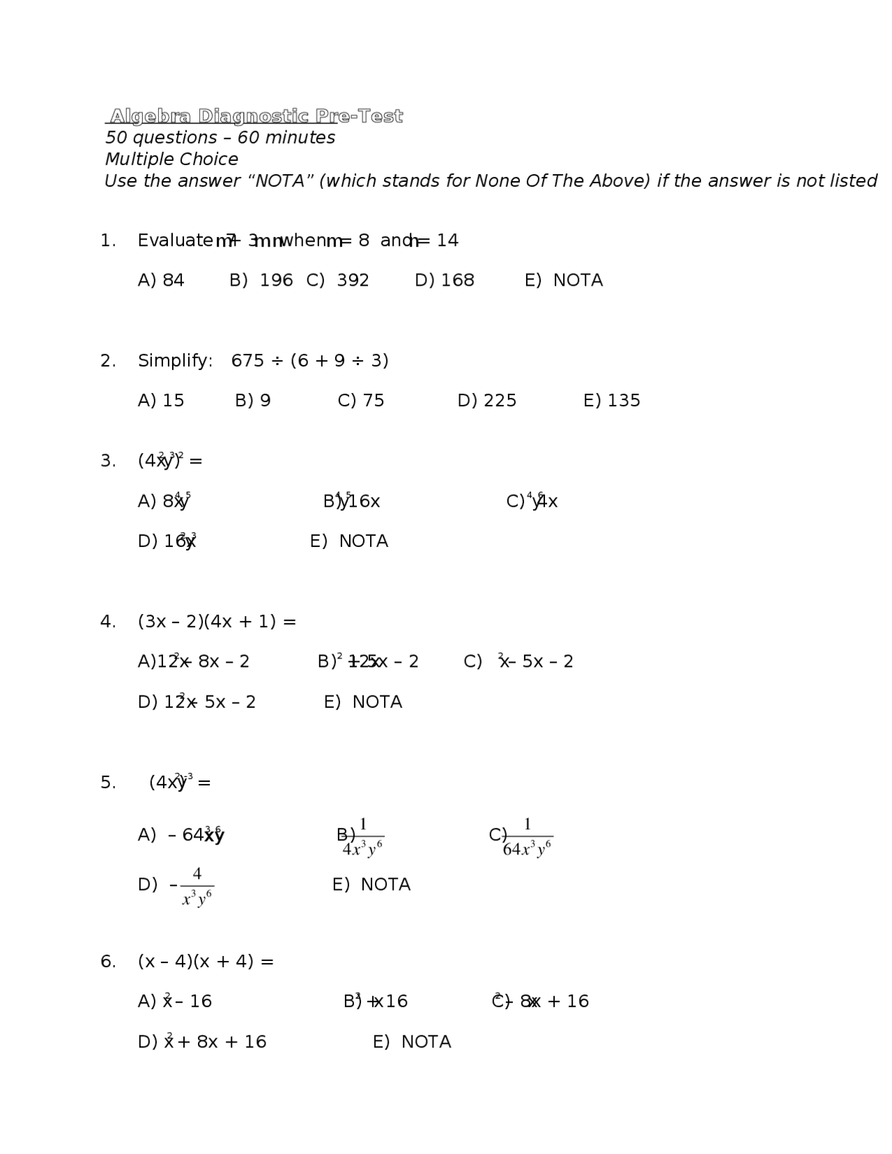 Algebra Practice Test Docsity