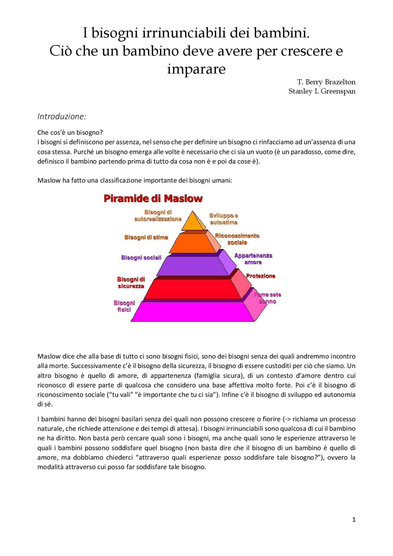 Riassunto Bisogni Irrinunciabili Docsity