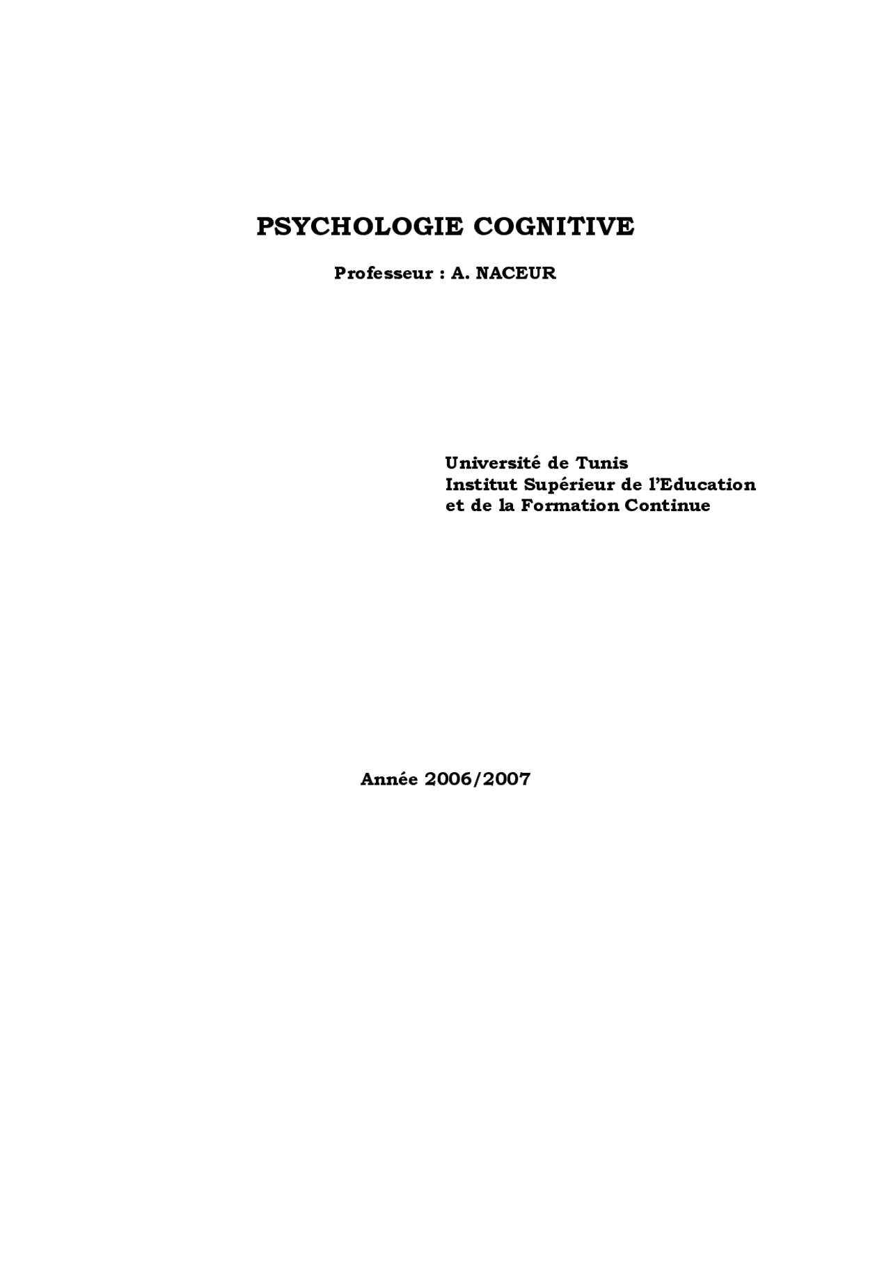Notes Psychologie Cognitive Prof Naceur Docsity