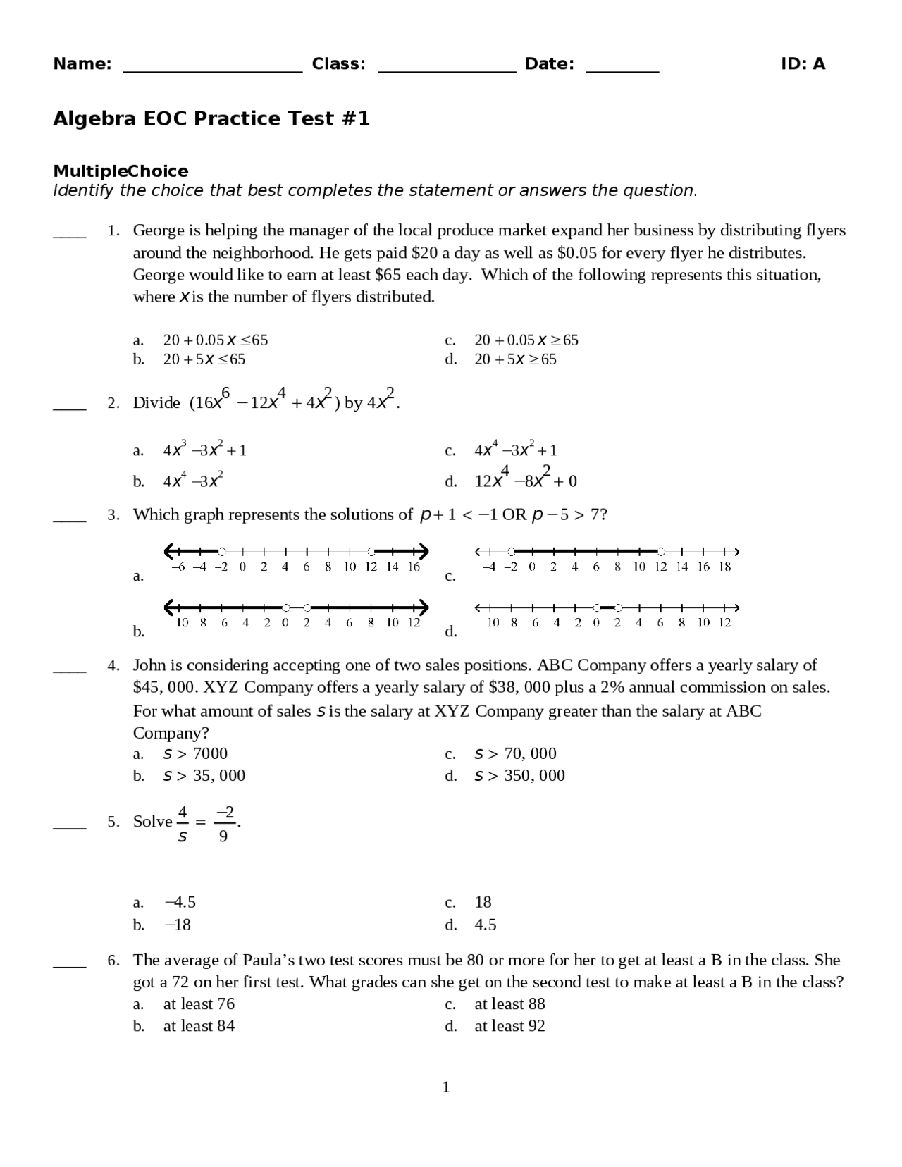 Algebra Practice Test Docsity
