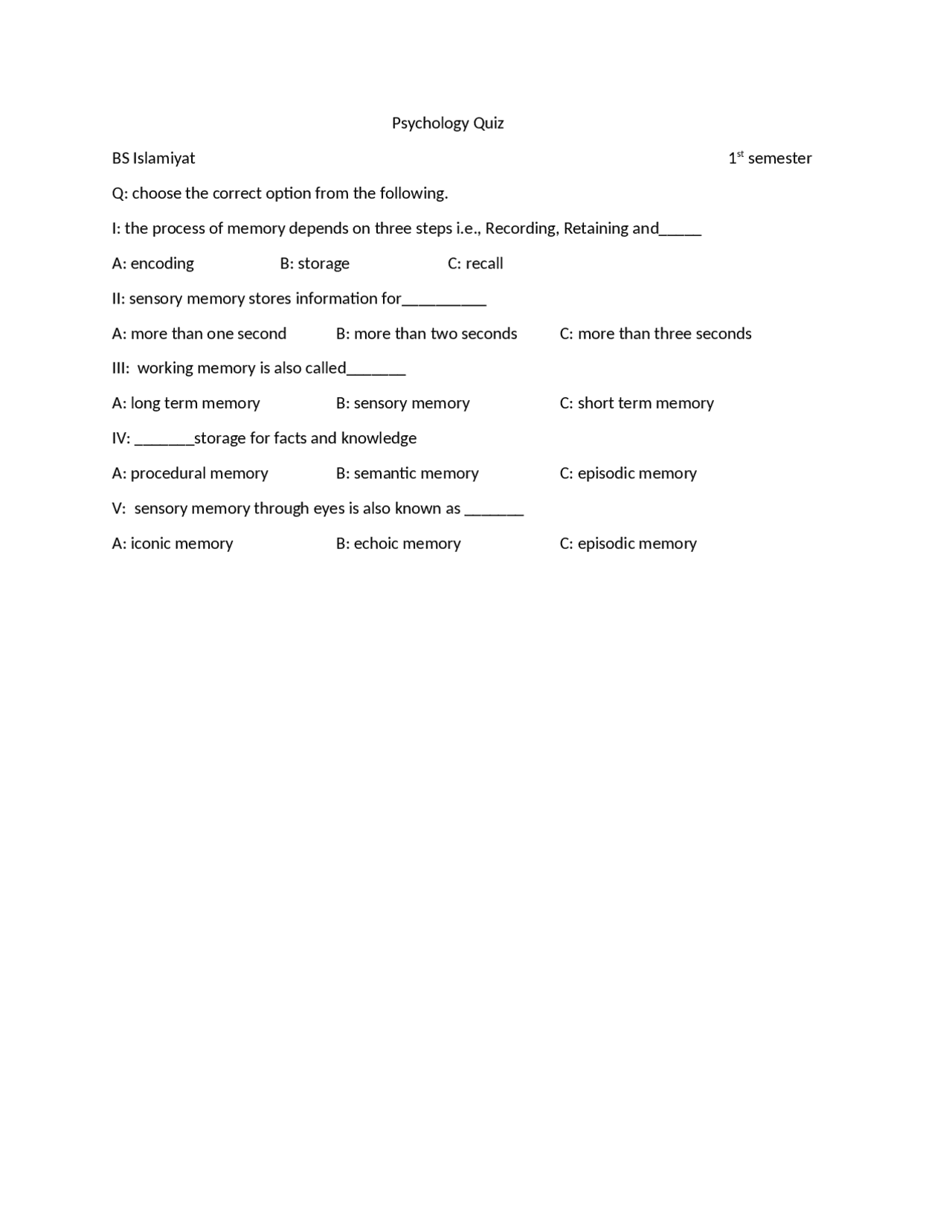 Psychology quiz questions - Docsity