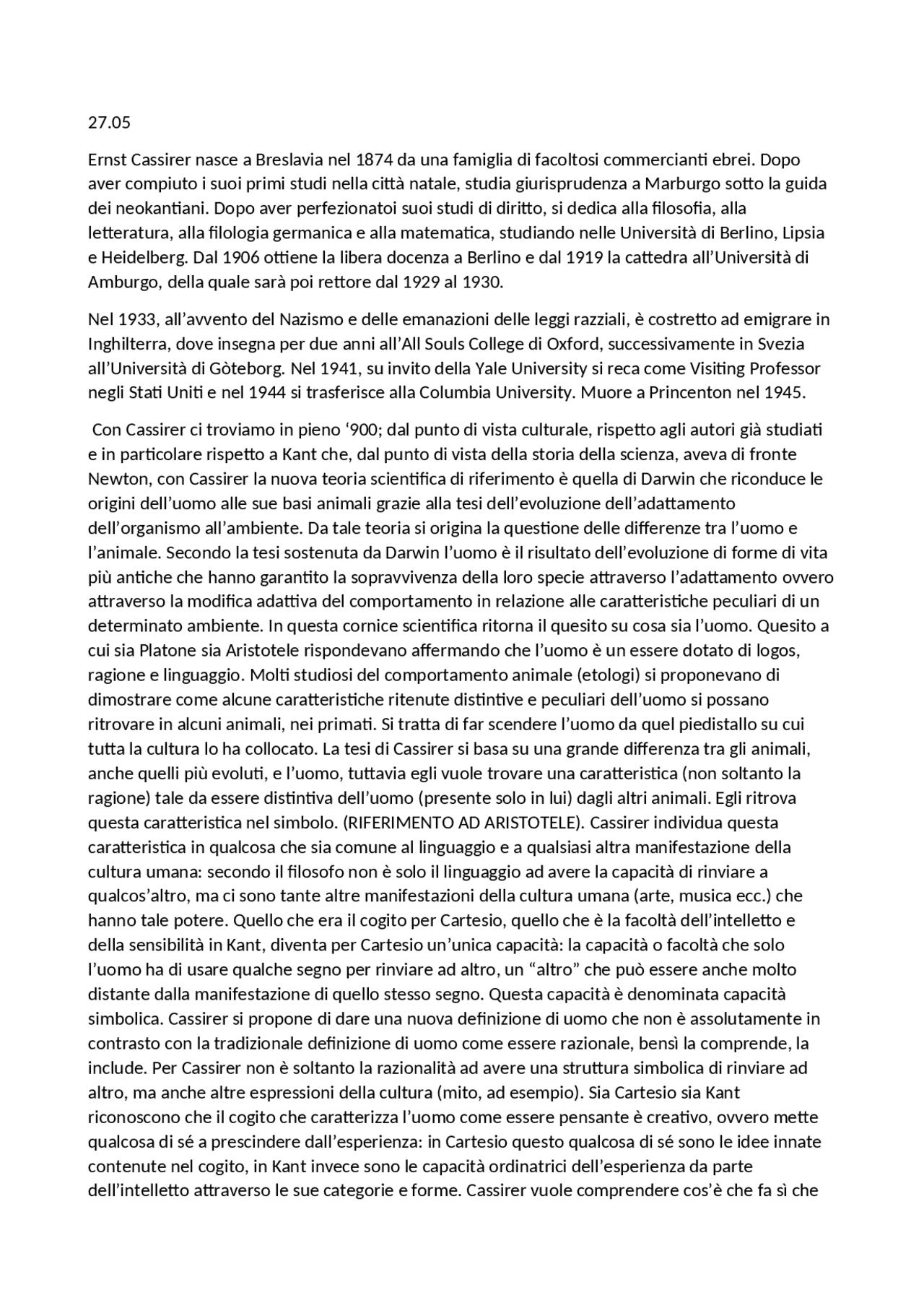 Ernest Cassirer Appunti Di Filosofia Docsity