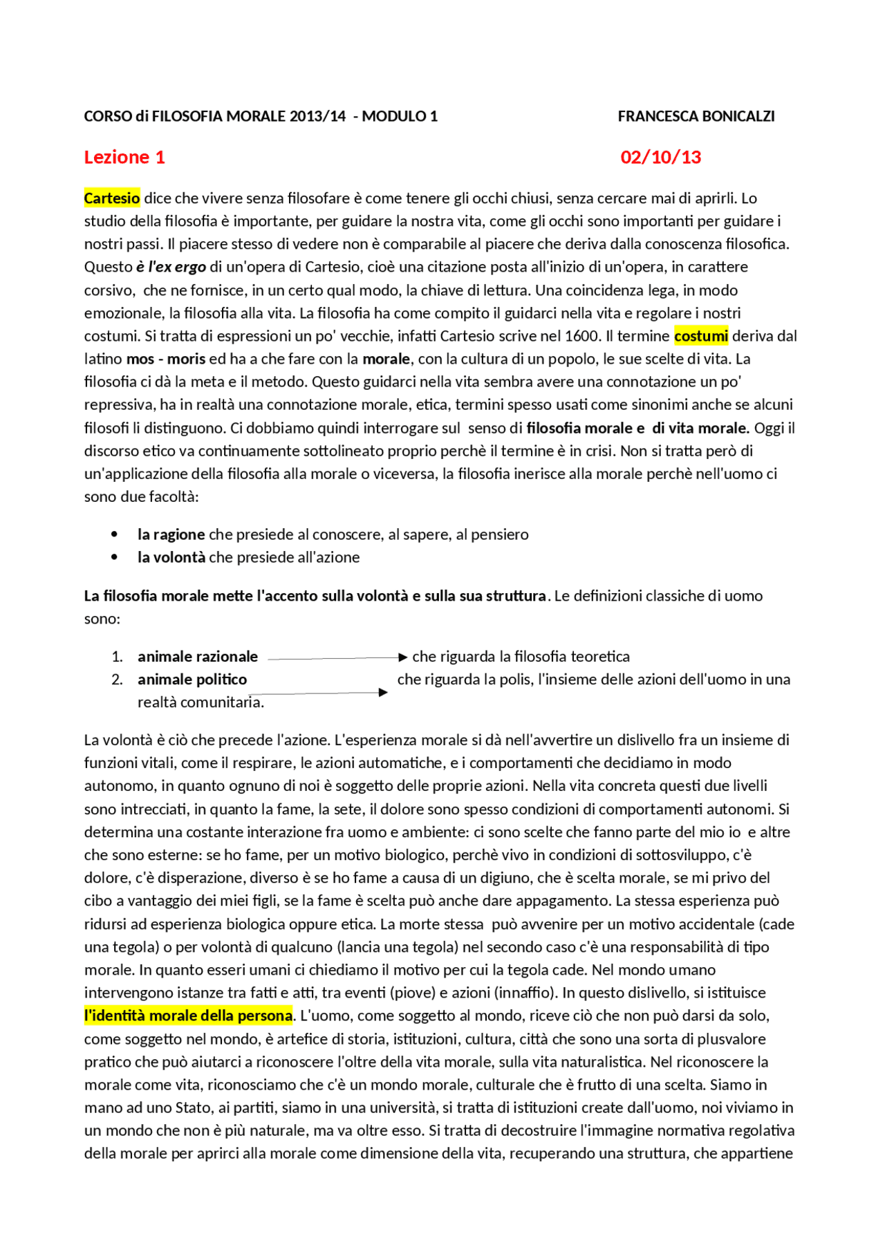 Corso Di Filosofia Morale 201314 Modulo 1 Docsity