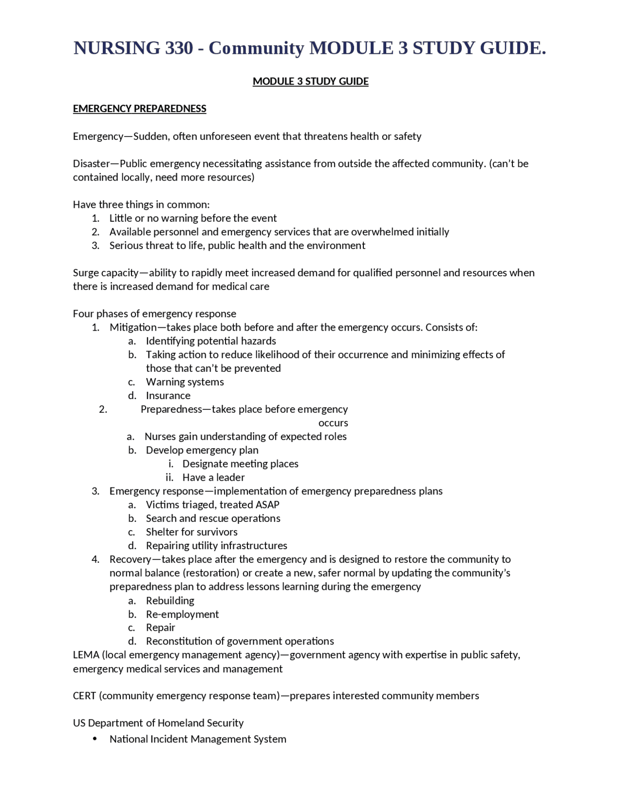 NURSING 330 - Community MODULE 3 STUDY GUIDE. - Docsity