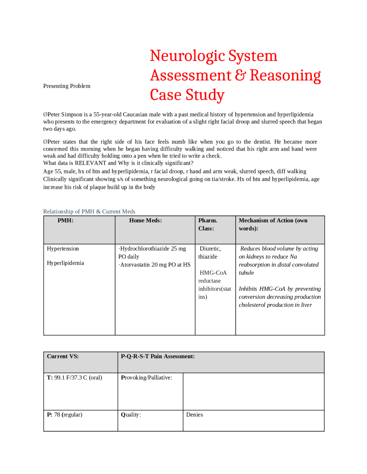 Peter Simpson Neurologic System Assessment & Reasoning Case Study - Docsity