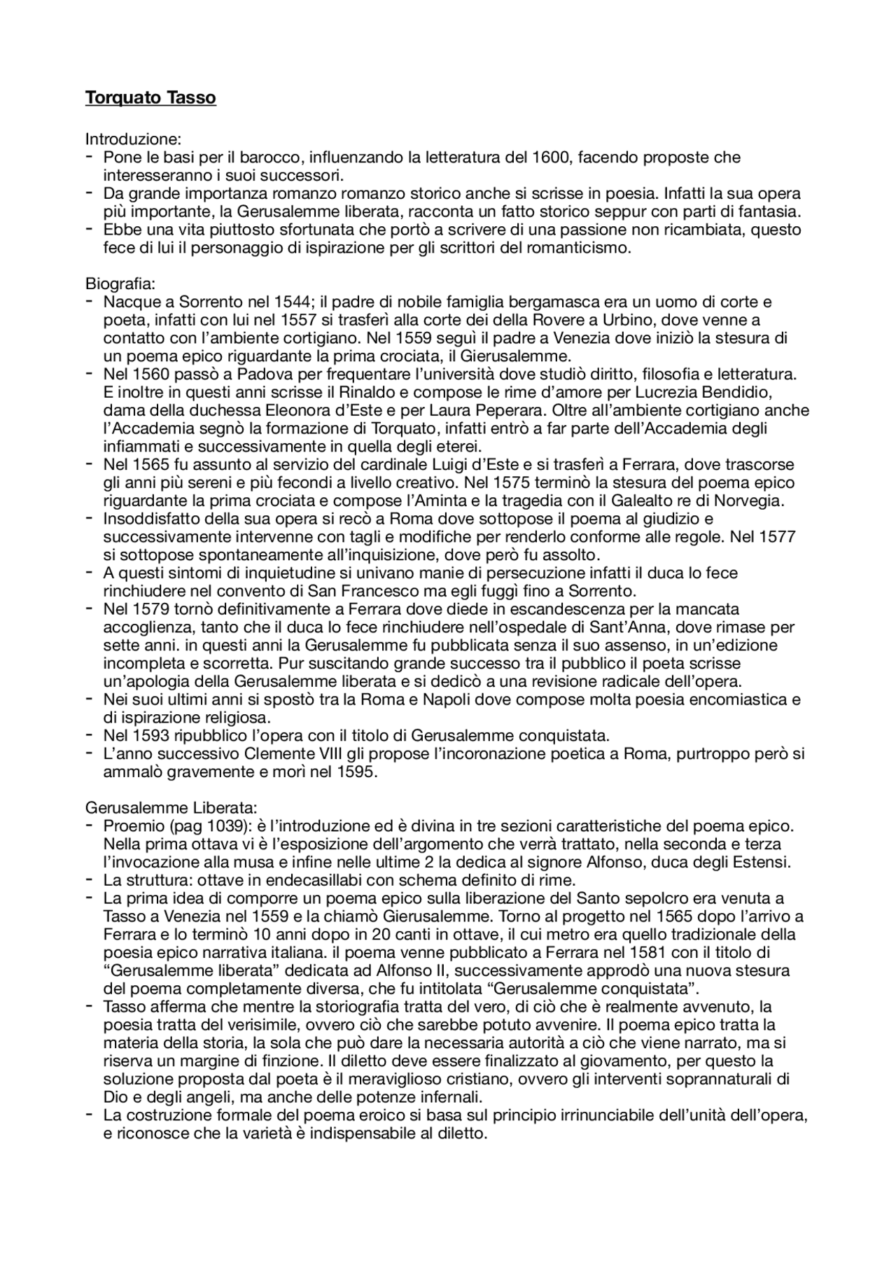 Torquato Tasso E La Gerusalemme Liberata Docsity