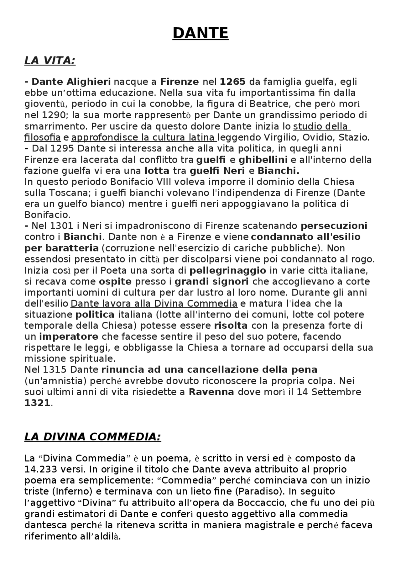 Riassunto Vita E Divina Commedia Dante Docsity