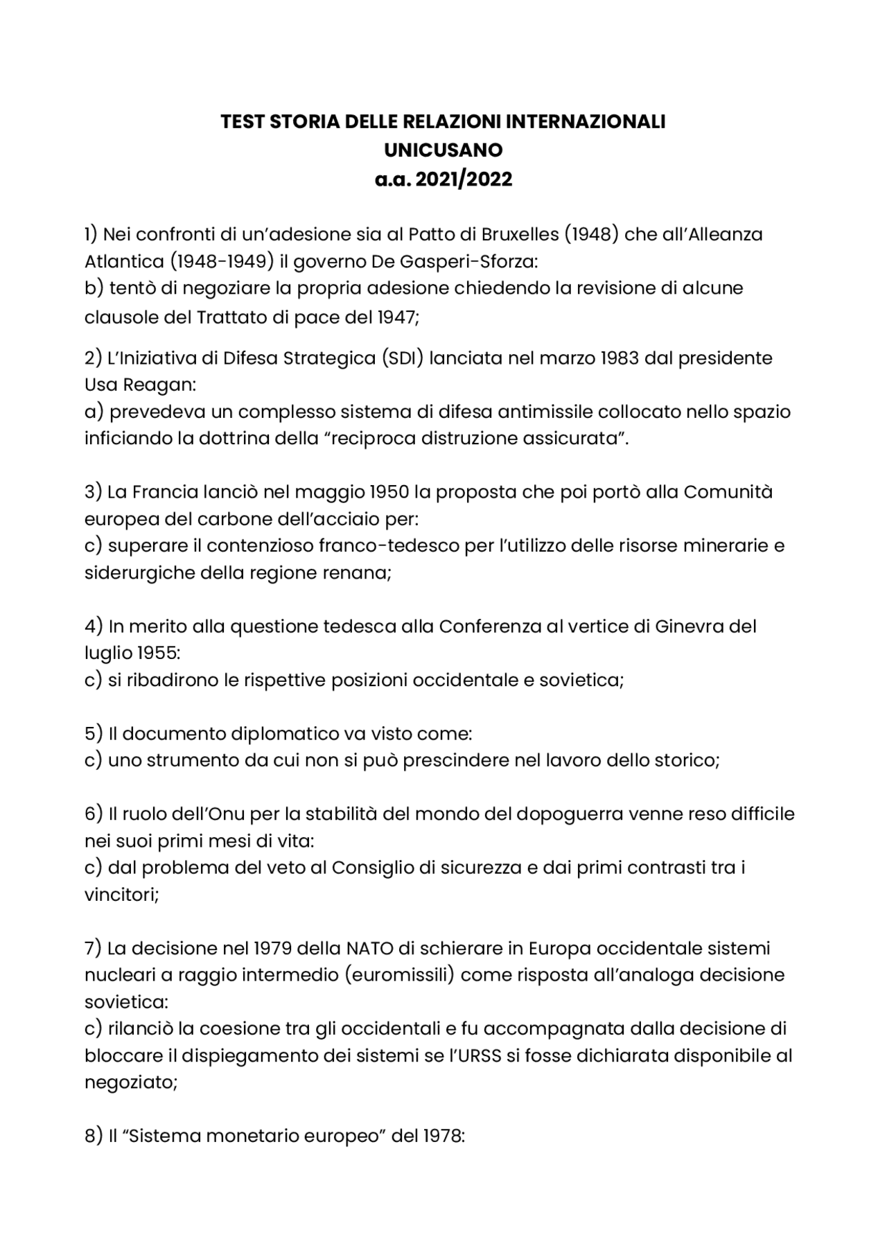 Test Storia Delle Relazioni Internazionali Unicusano Prove Desame