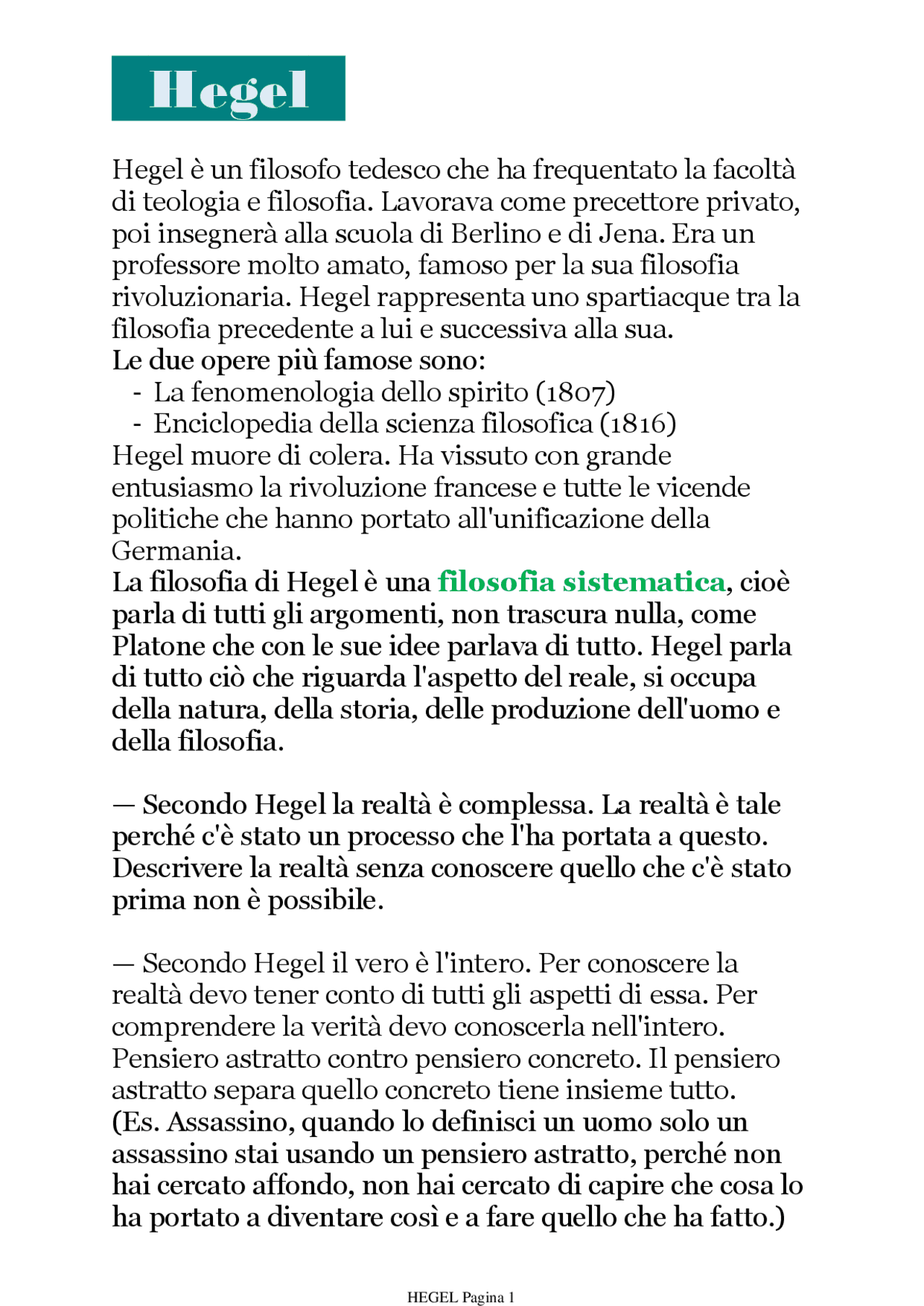 HEGEL - VITA E PENSIERO DEL FILOSOFO - Docsity
