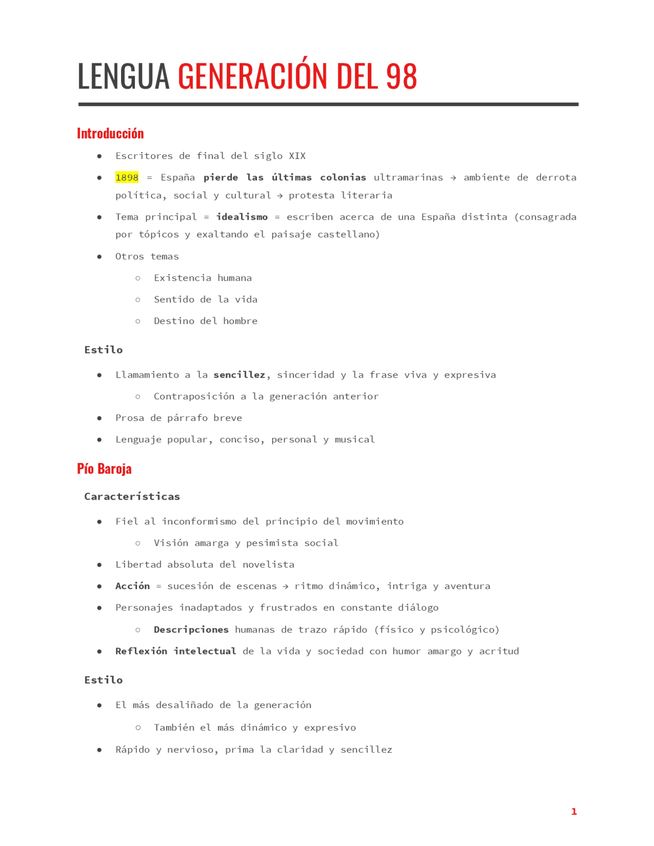 Literatura - Generación del 98 - Docsity