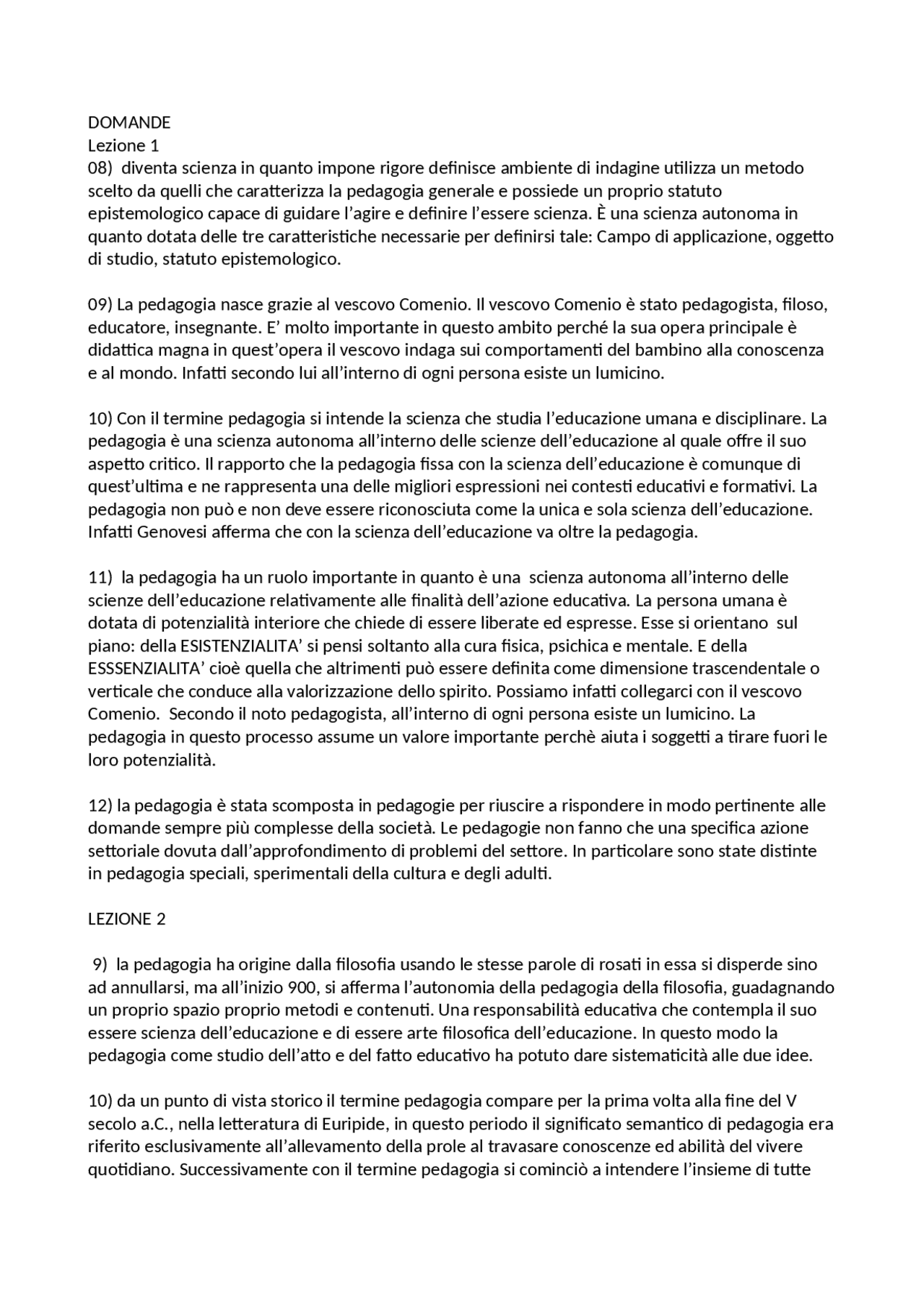 Paniere Domande Aperte Compilato E Completo Di Pedagogia Generale E