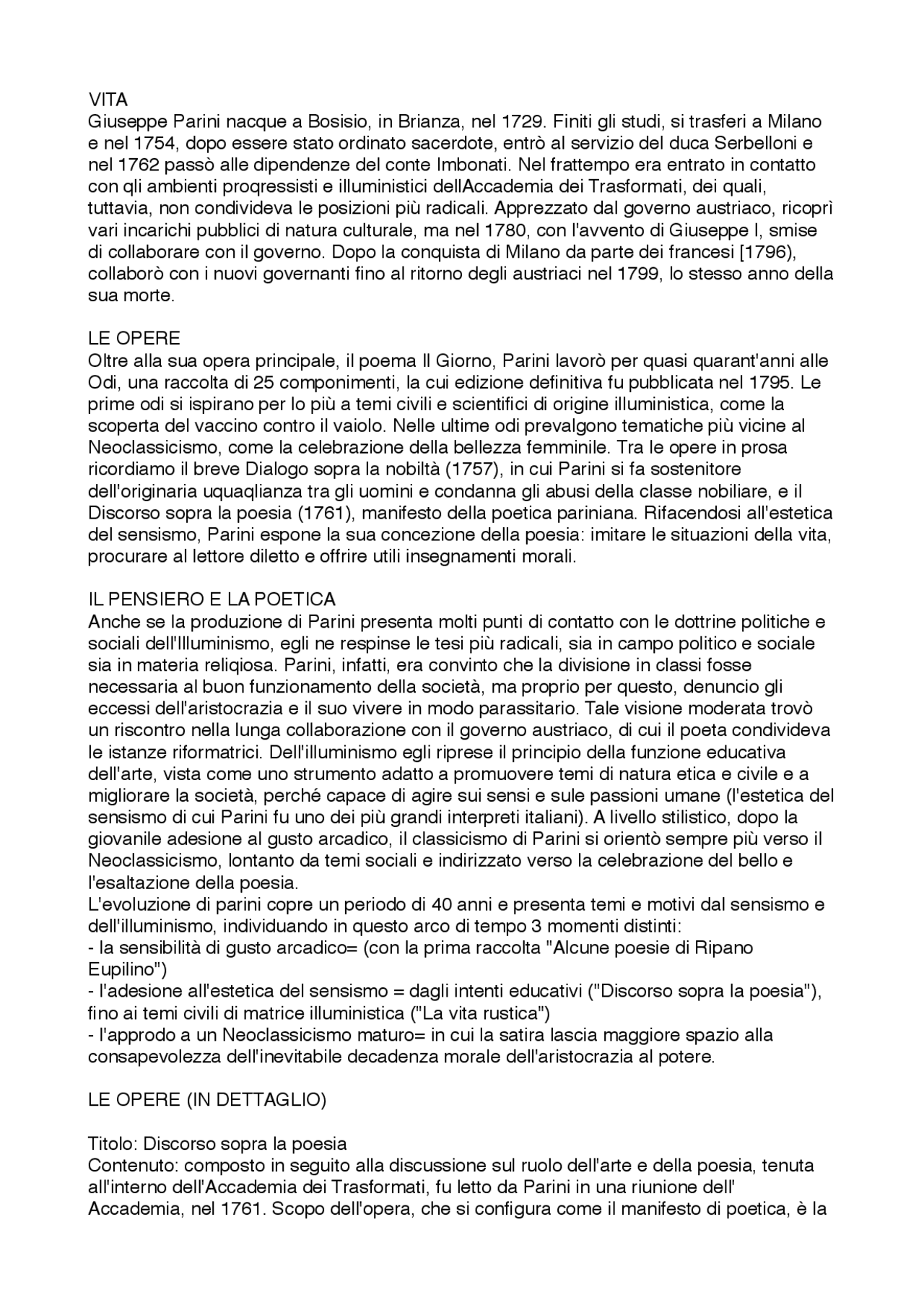 Giuseppe Parini Vita E Opere Docsity