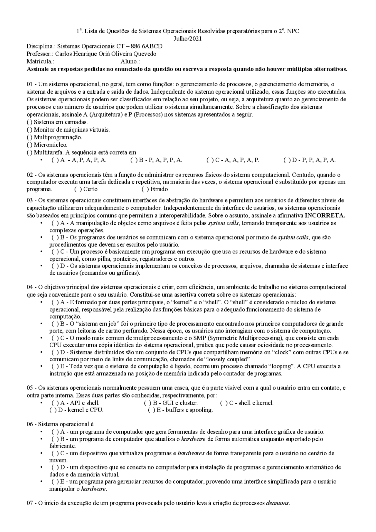 Lista De Exercicios 2019 Docsity