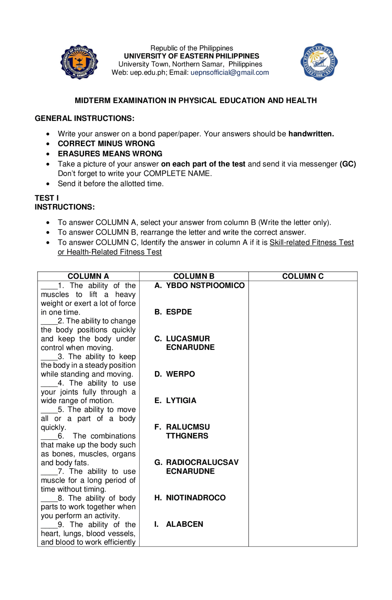 Mid term exam in physical education | Exams Physical education | Docsity
