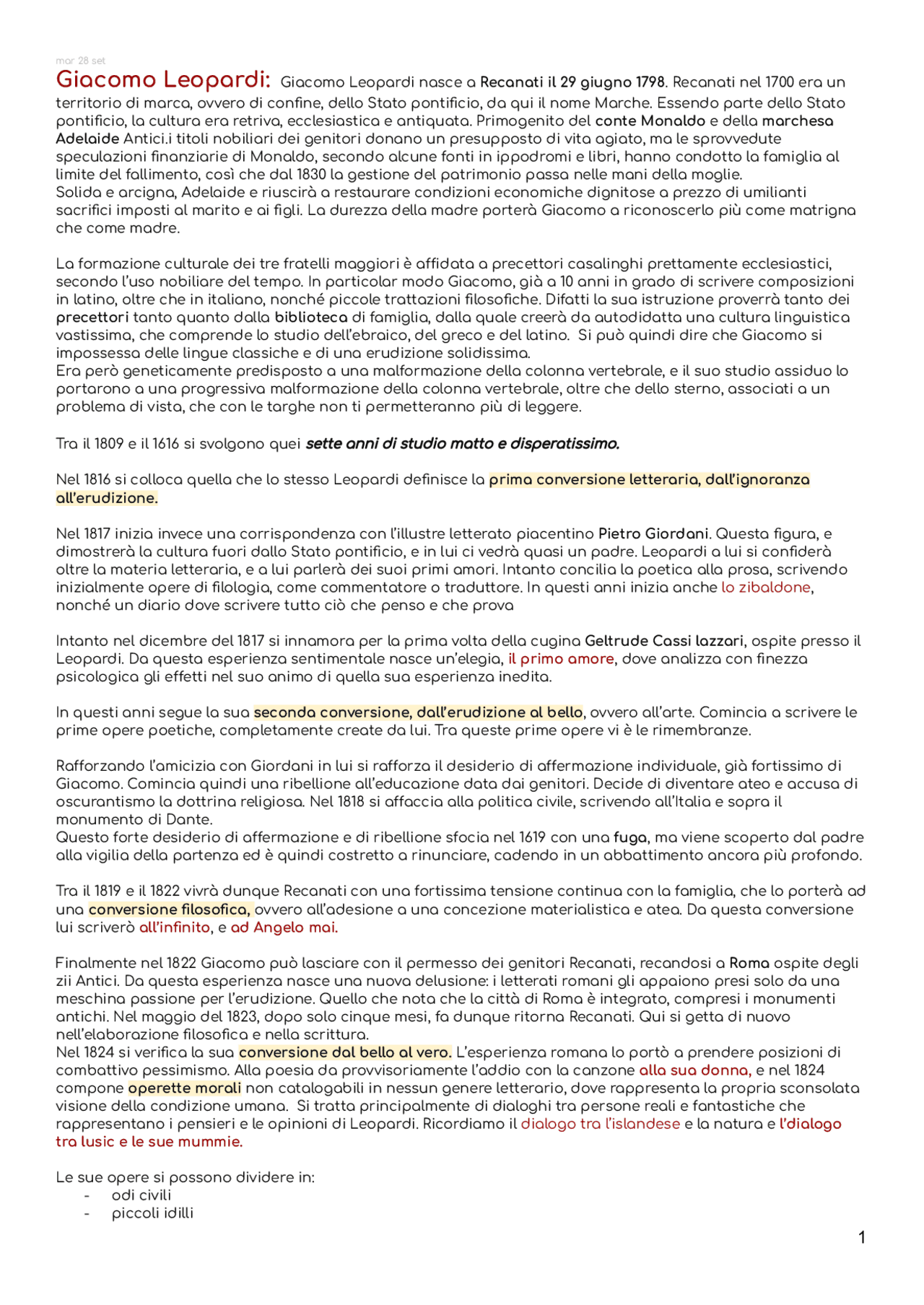 Leopardi Vita Opere Filosofia Testi Docsity