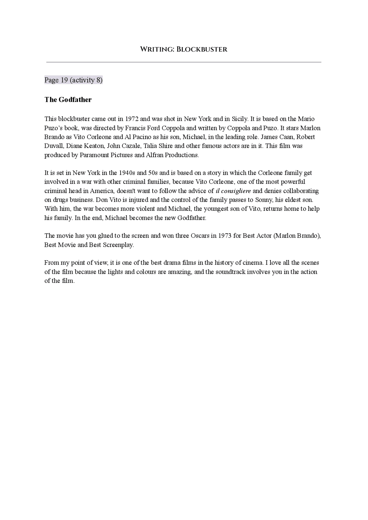 Writing About A Blockbuster Docsity