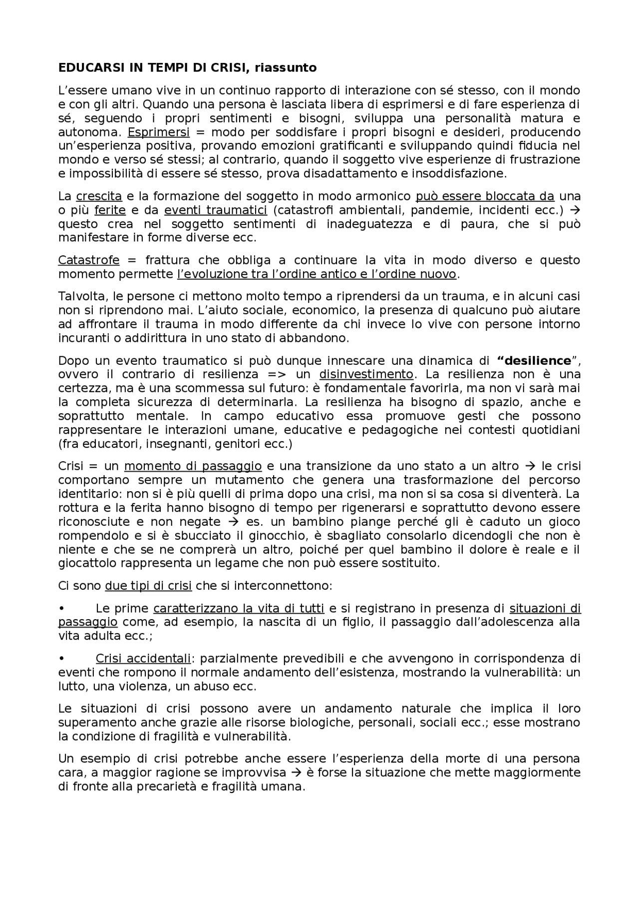 Educarsi In Tempi Di Crisi Riassunto Sintesi Del Corso Di Scienze