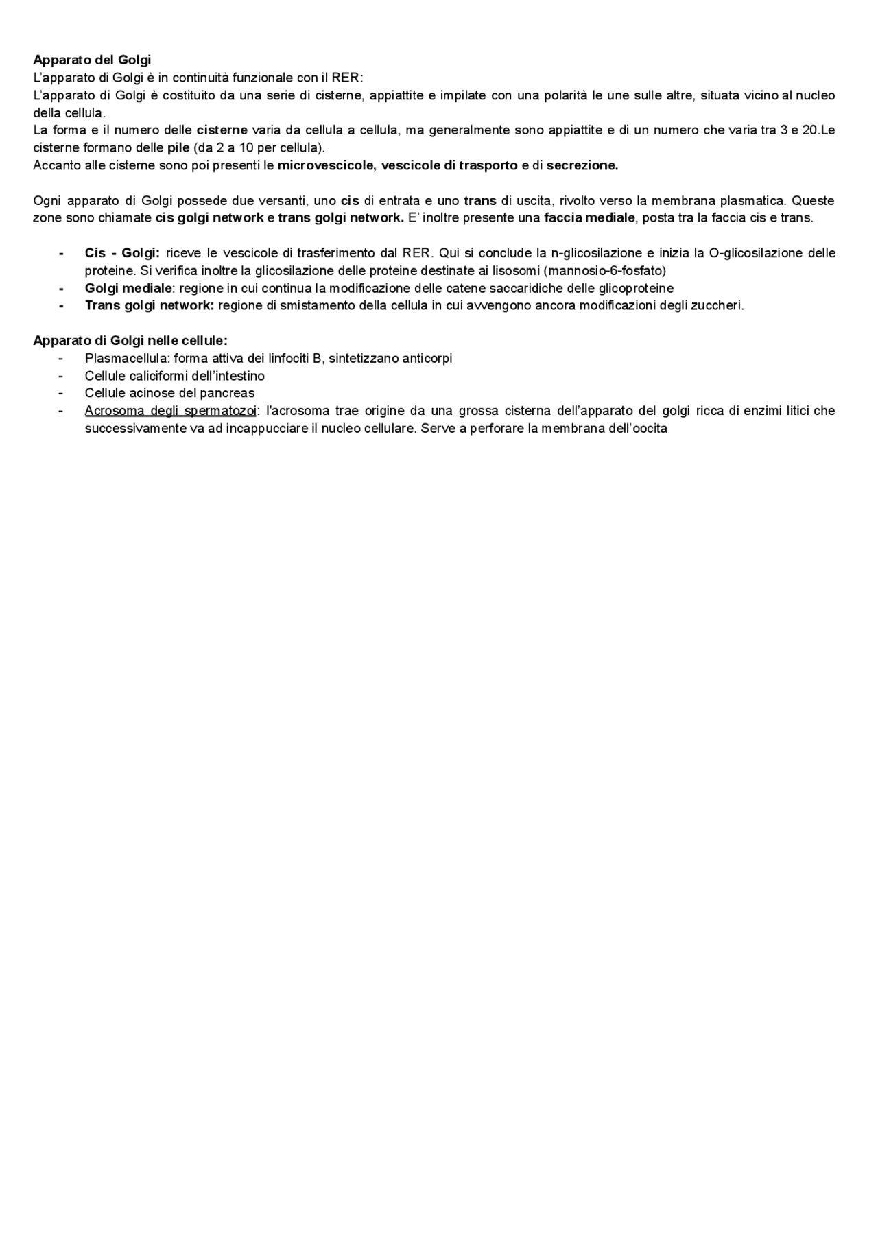 Apparato del golgi (cis e trans) | Appunti di Citologia | Docsity