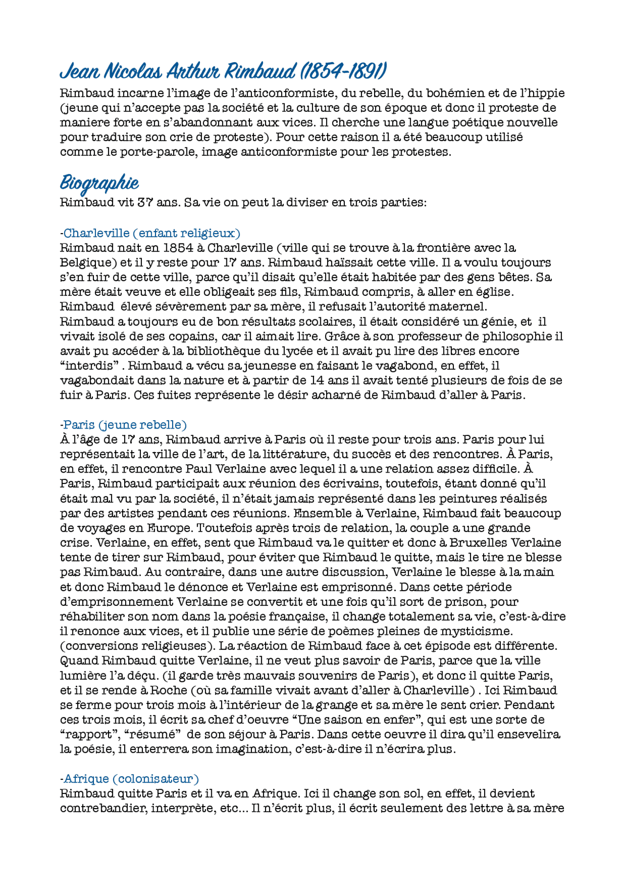 Arthur Rimbaud, biographie et oeuvres - Docsity