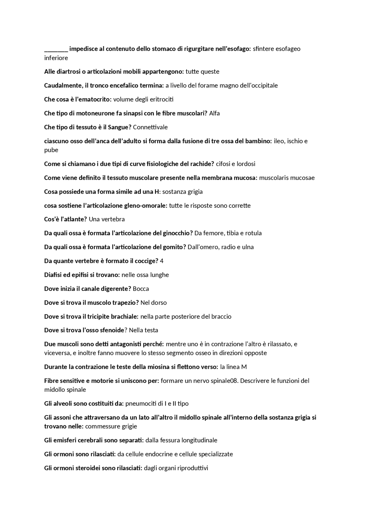 Domande Aperte E Chiuse Anatomia Umana Docsity