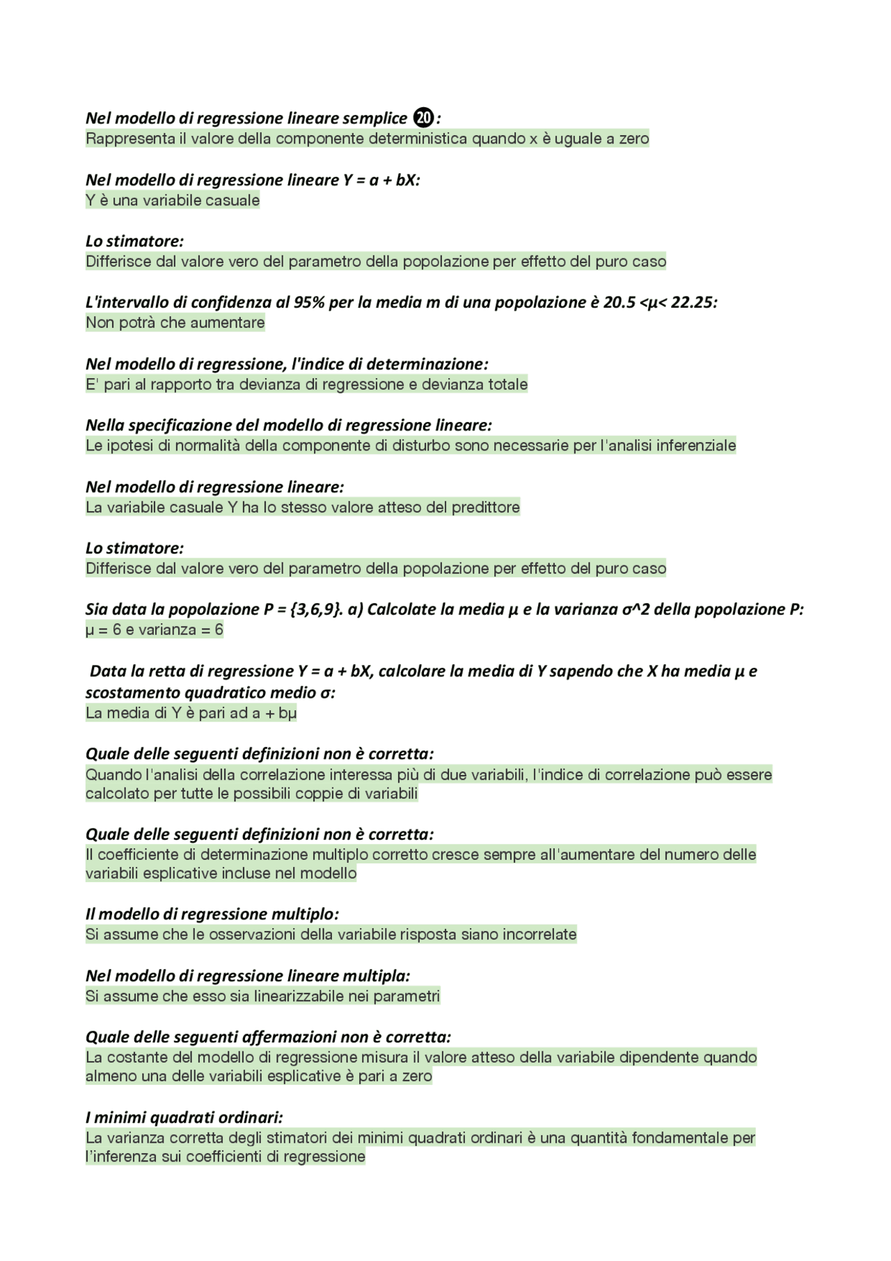 Esercitazioni statistica aziendale Master Università Mercatorum - Docsity