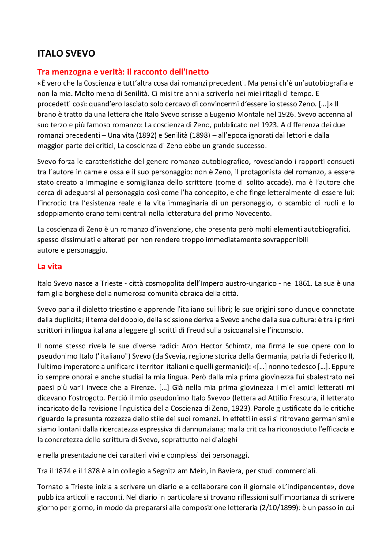 Italo svevo (vita, poetica e opere di Italo svevo) - Docsity