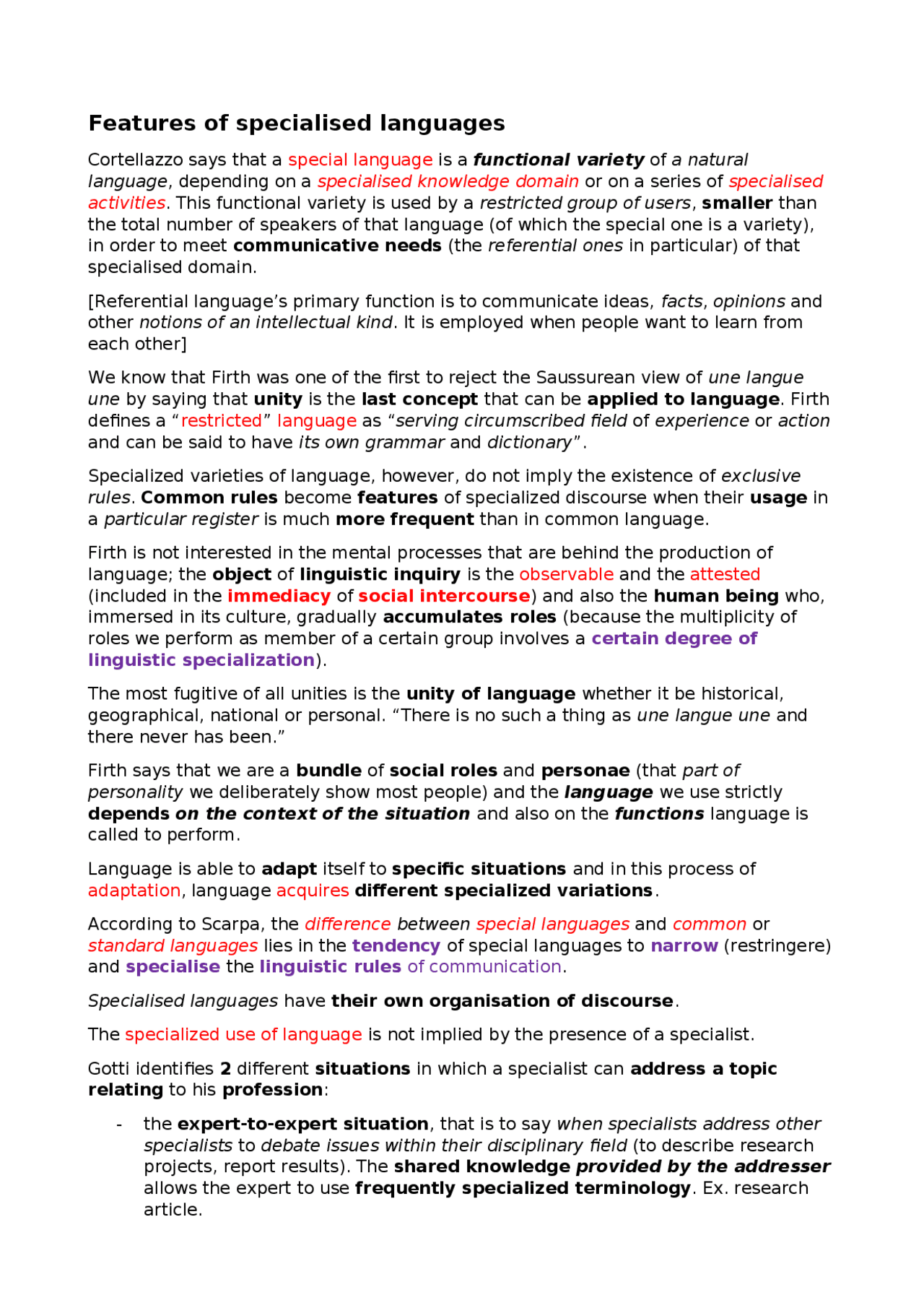 Features Of Specialized Languages Docsity