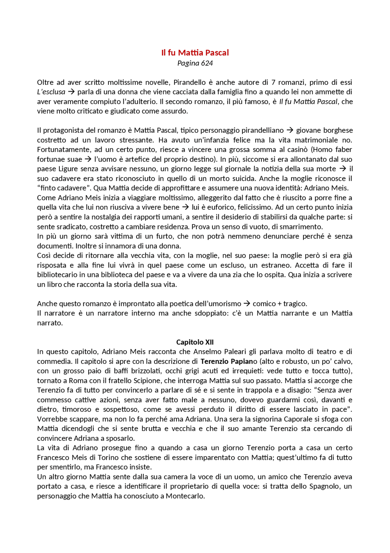 Luigi Pirandello Il Fu Mattia Pascal Docsity